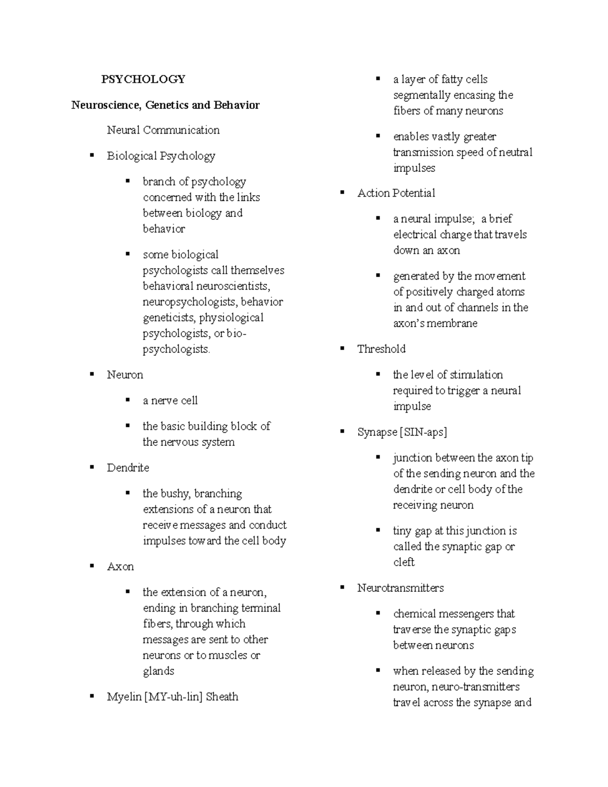 Psychology Reviewer - Lecture notes 1-5 - PSYCHOLOGY Neuroscience ...