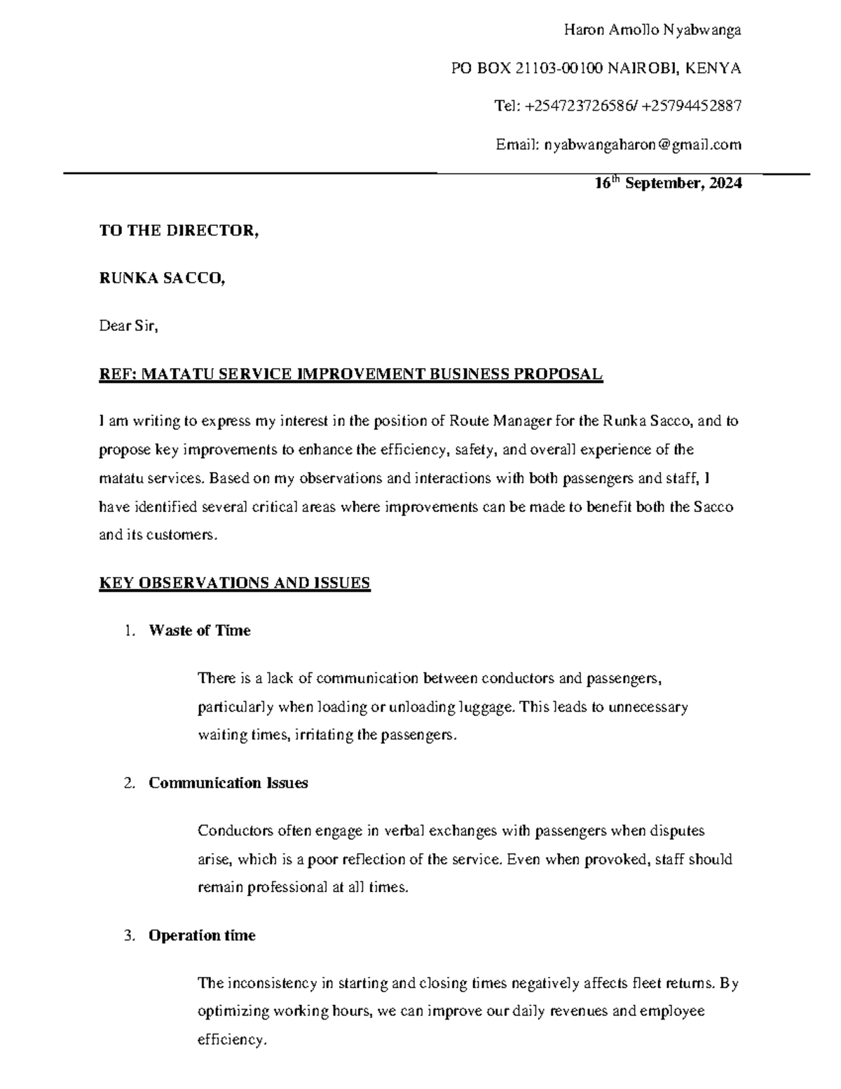 Matatu Business Proposal - Haron Amollo Nyabwanga PO BOX 21103-00100 ...