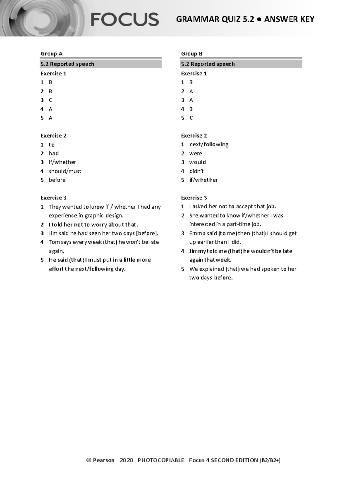 Focus 4 2E Grammar Quiz Unit5 2 Group A B Answers - © Pearson 2020 ...