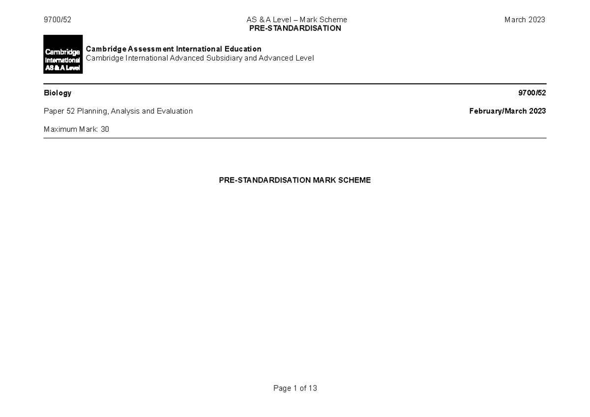 Biology 9700 Paper 5 MS - PRE-STANDARDISATION Biology 9700/ Paper 52 ...