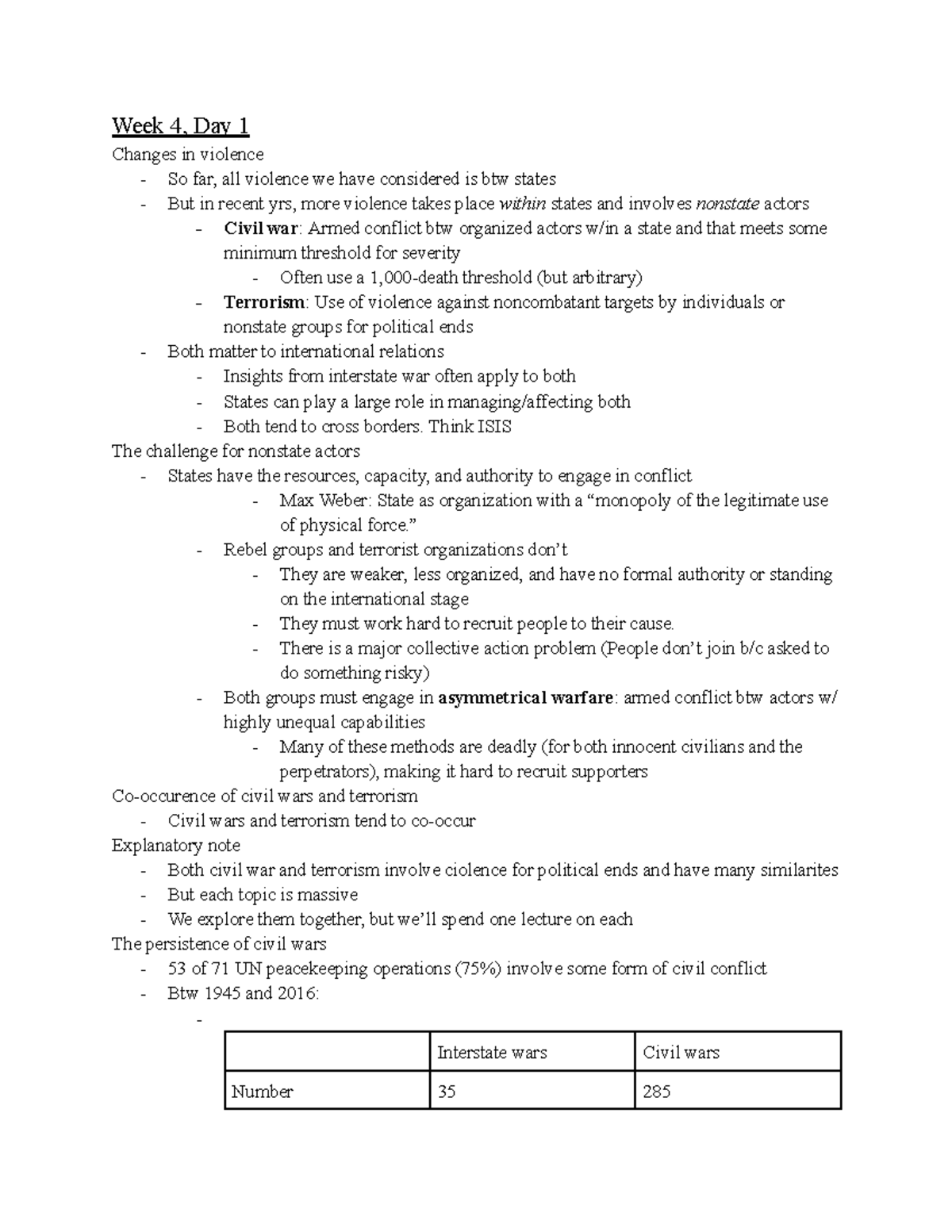 POL SCI 20 Lecture - Week 4, Day 1 - Week 4, Day 1 Changes in violence - So far, all violence we ...
