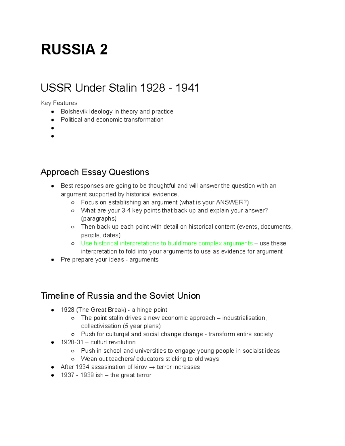 RUSSIA (1 and 2) - USYD Workshop Notes - RUSSIA 2 USSR Under Stalin ...