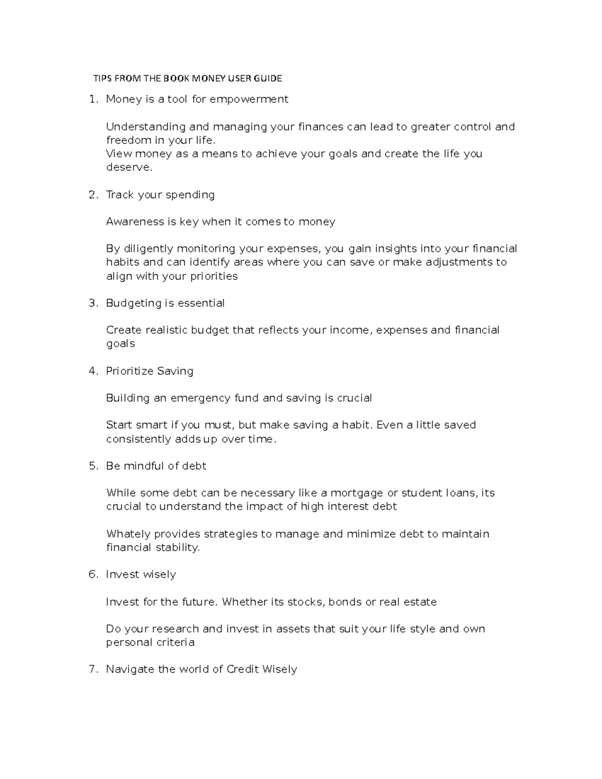 TIPS FROM THE BOOK Money USER Guide - TIPS FROM THE BOOK MONEY USER ...