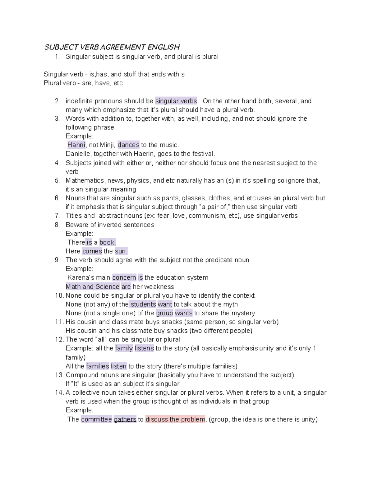 Subject VERB Agreement - SUBJECT VERB AGREEMENT ENGLISH Singular ...