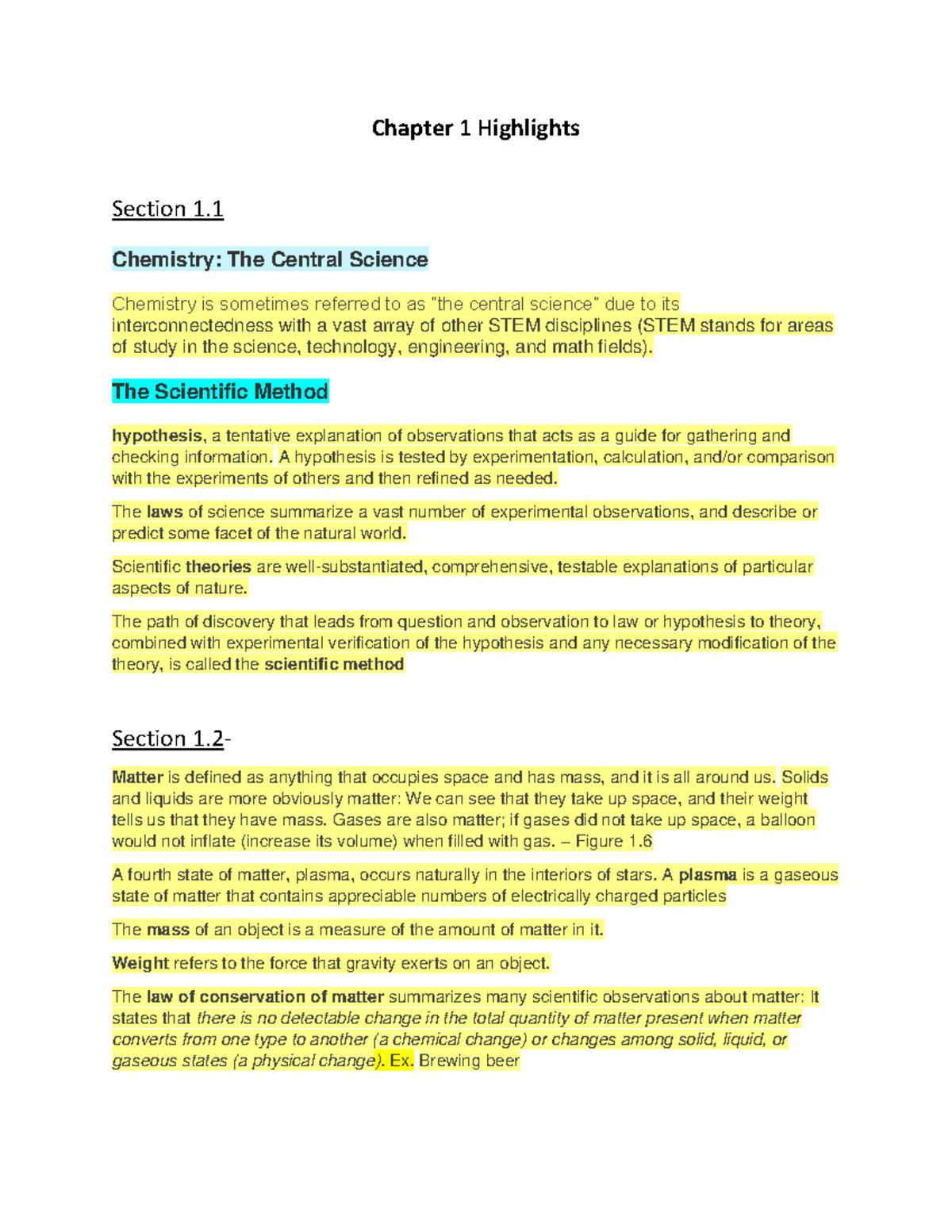 Chapter 1 Highlights - Chapter 1 Highlights Section 1. Chemistry: The ...
