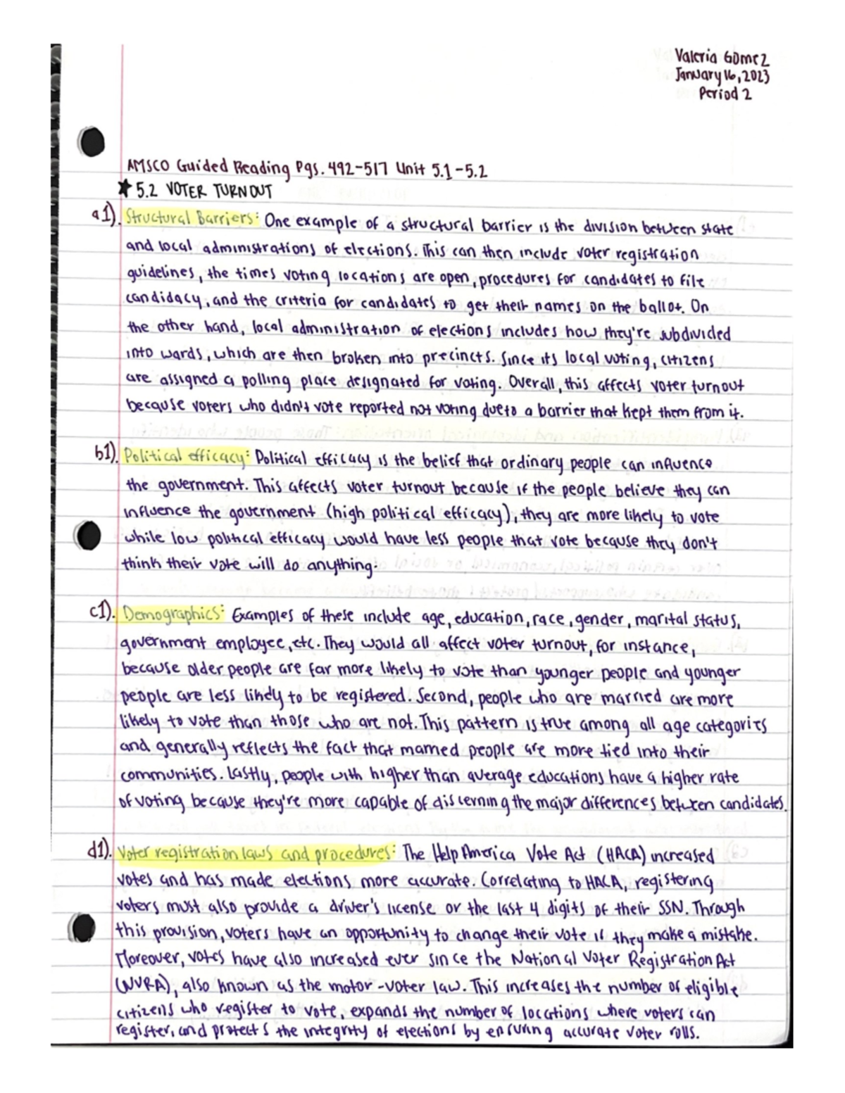 Amsco Pgs. 492-517 Unit 5.2 Voter Turnout Questions - POS2041 - Studocu