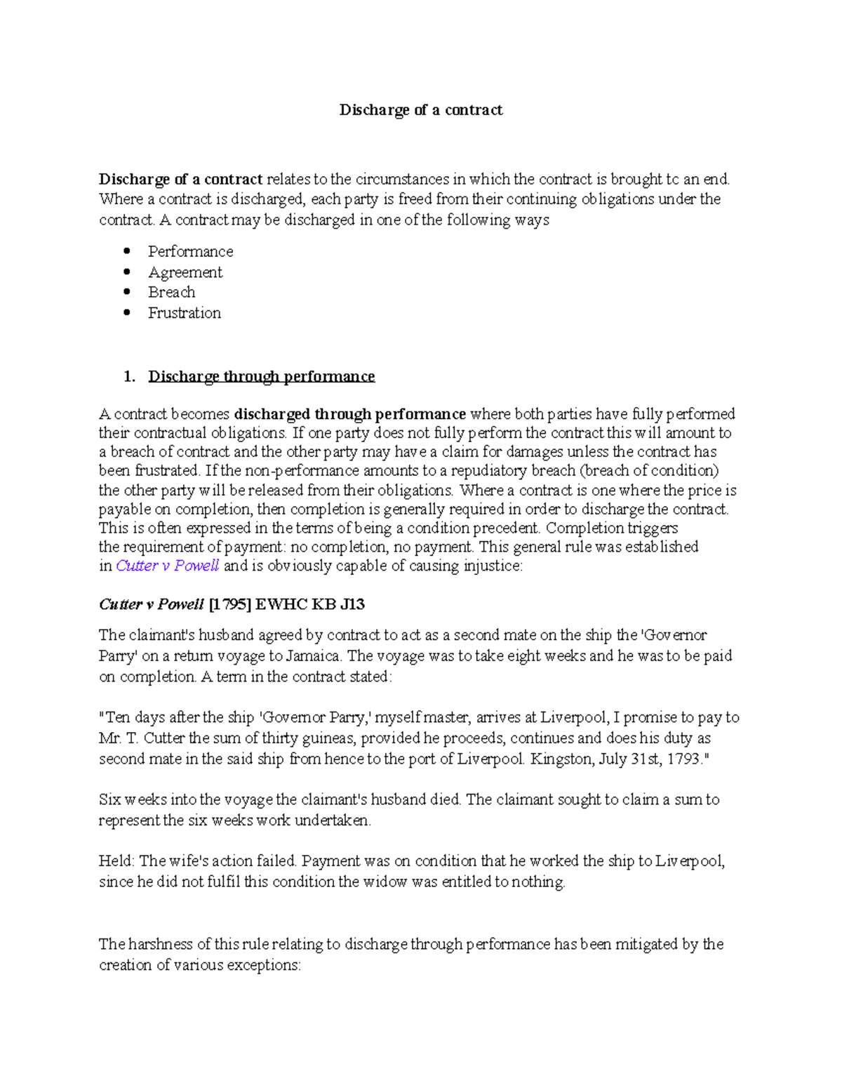 Discharge of a contract - Discharge of a contract Discharge of a ...