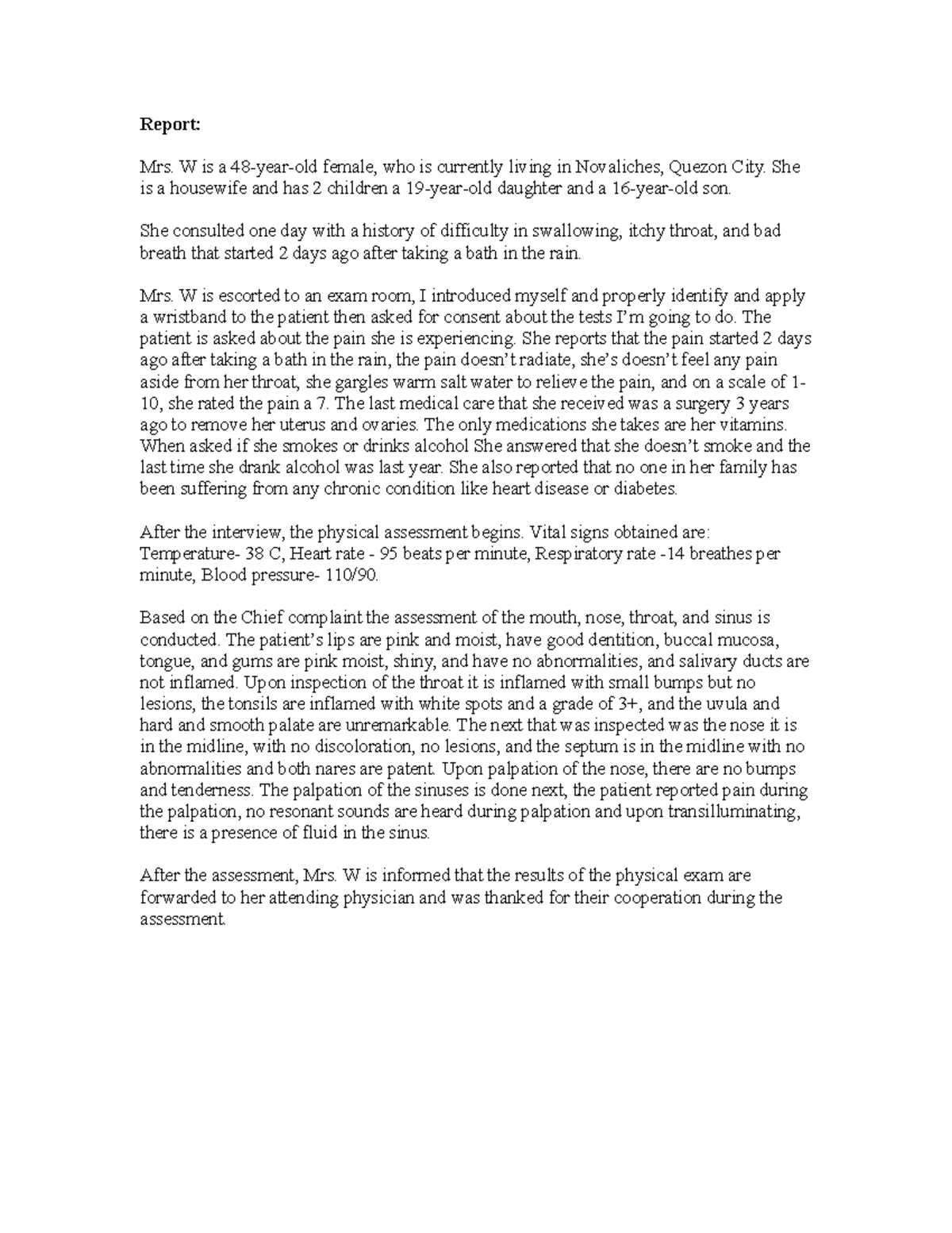 FA case report - Report: Mrs. W is a 48-year-old female, who is ...