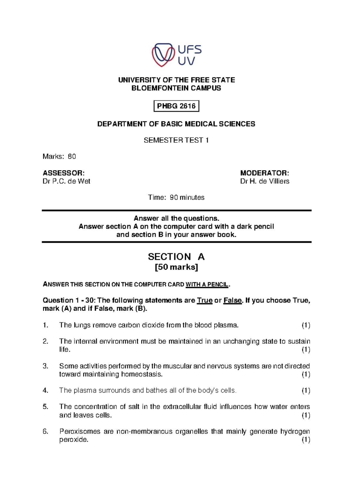 Previous Semester test for practice - UNIVERSITY OF THE FREE STATE ...