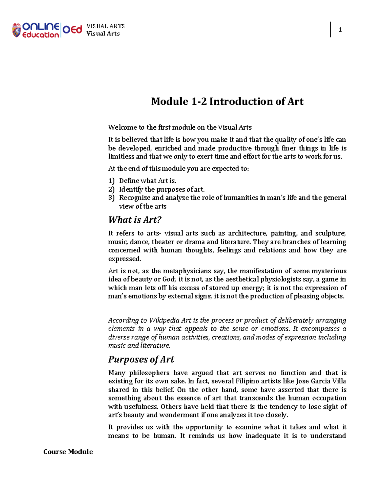 2ART Appreciation - lecture notes - VISUAL ARTS Visual Arts 1 Course ...