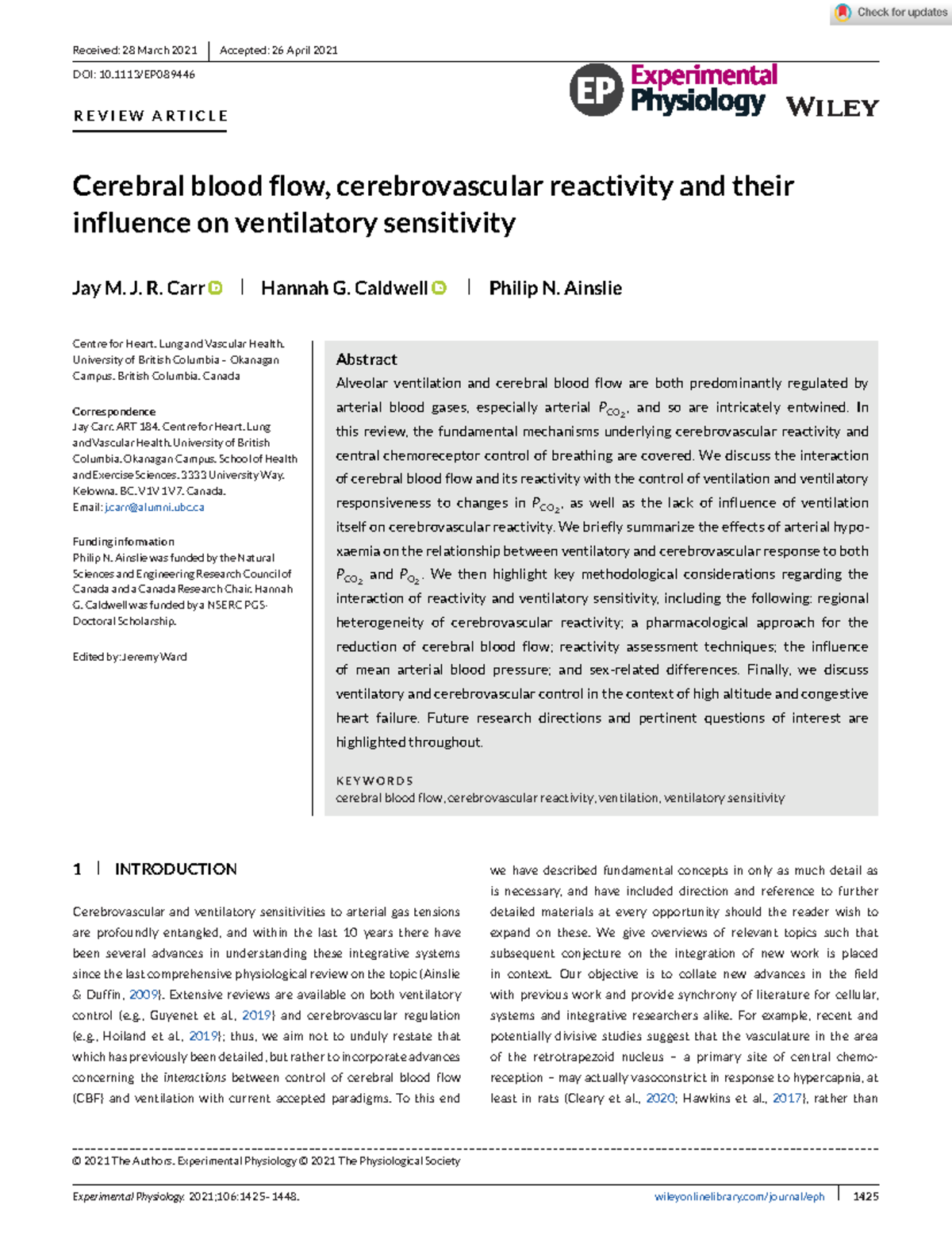 Experimental Physiology - 2021 - Carr - Cerebral blood flow ...
