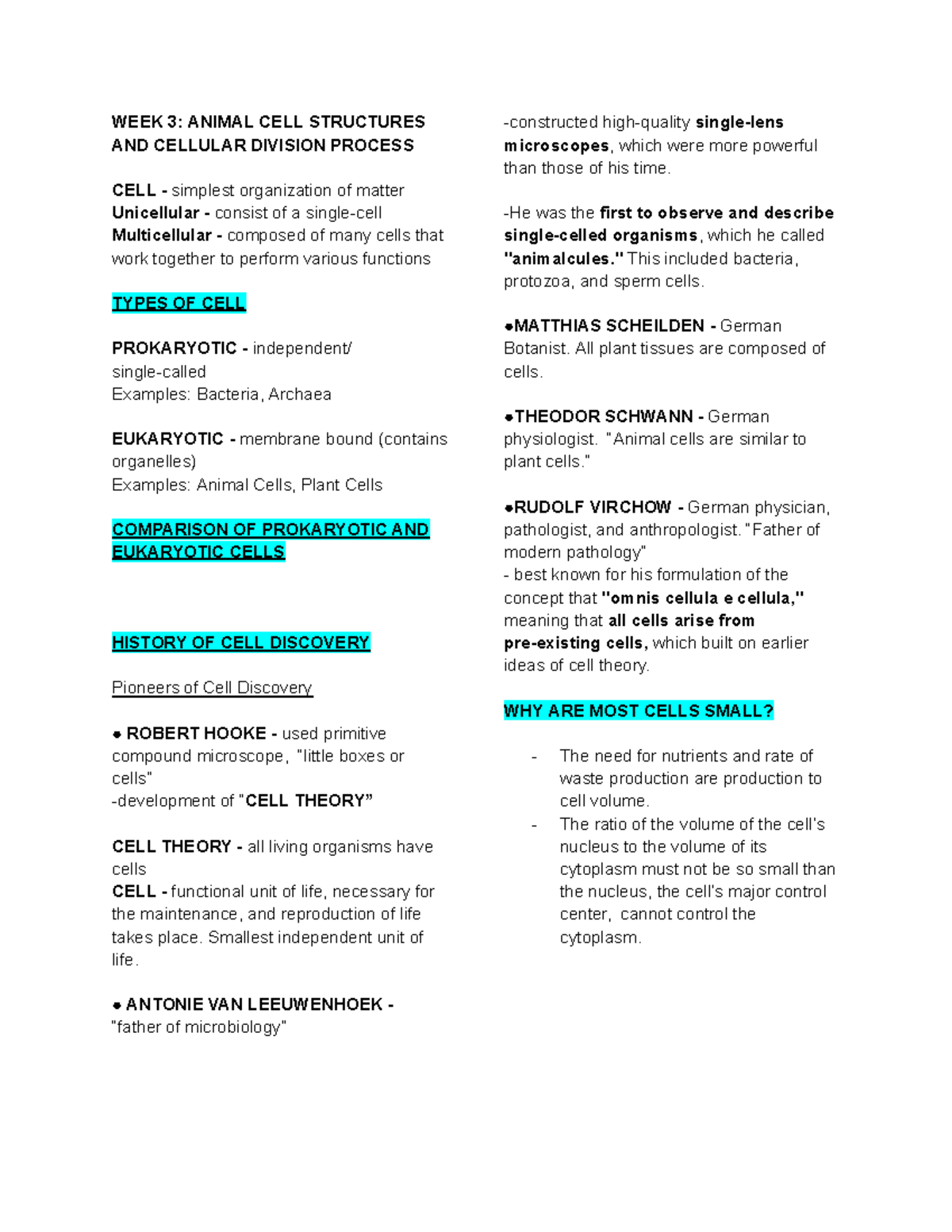 WEEK 3- Animal CELL Structures AND Cellular Division Process - WEEK 3 ...