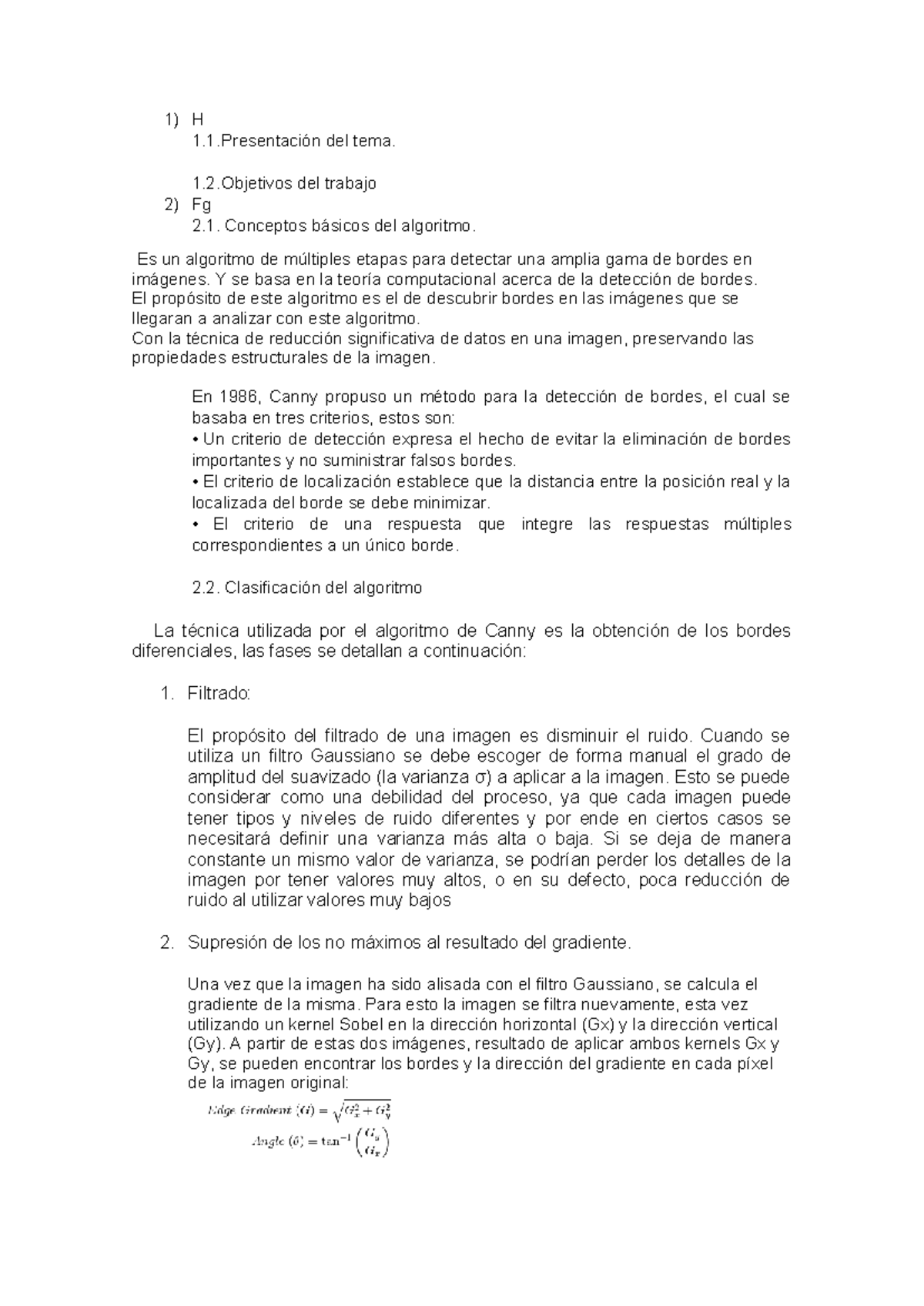 Algoritmo de canny - 1) H 1.1ón del tema. 1.2 del trabajo 2) Fg 2 ...