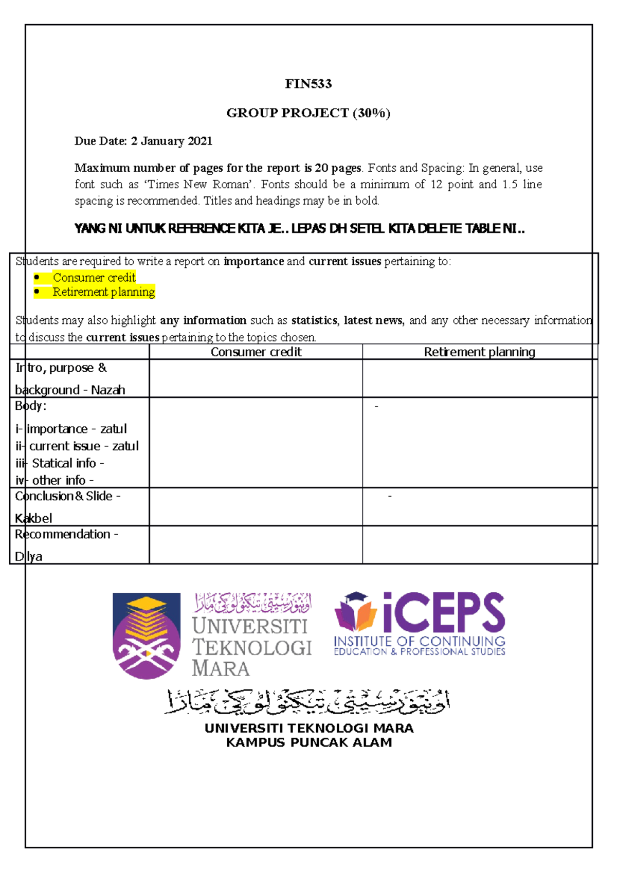 FIN533 Group Assignment Draft - Dilya - FIN GROUP PROJECT (30%) Due ...