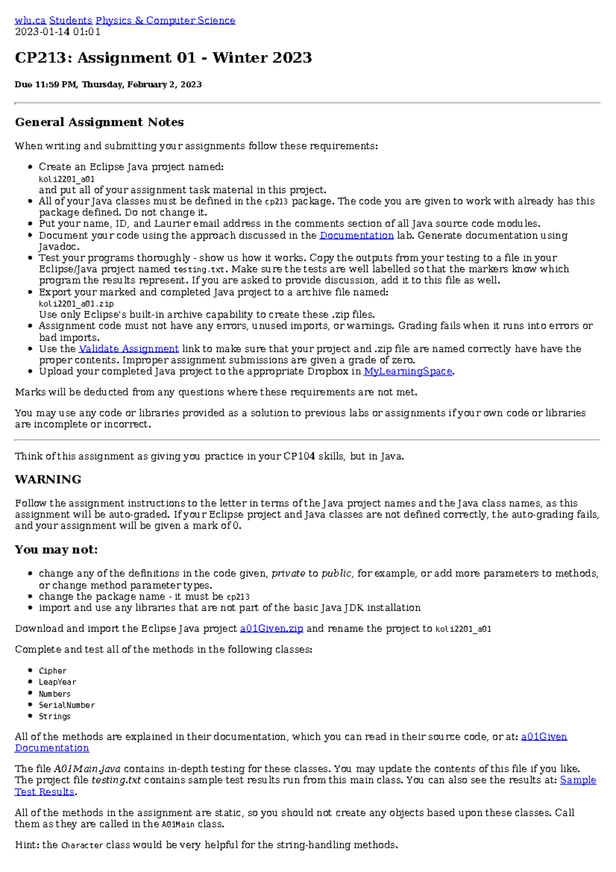 CP213 - ASSIGNMENT 01 - wlu Students Physics & Computer Science 2023-01-14 01: CP213: Assignment ...