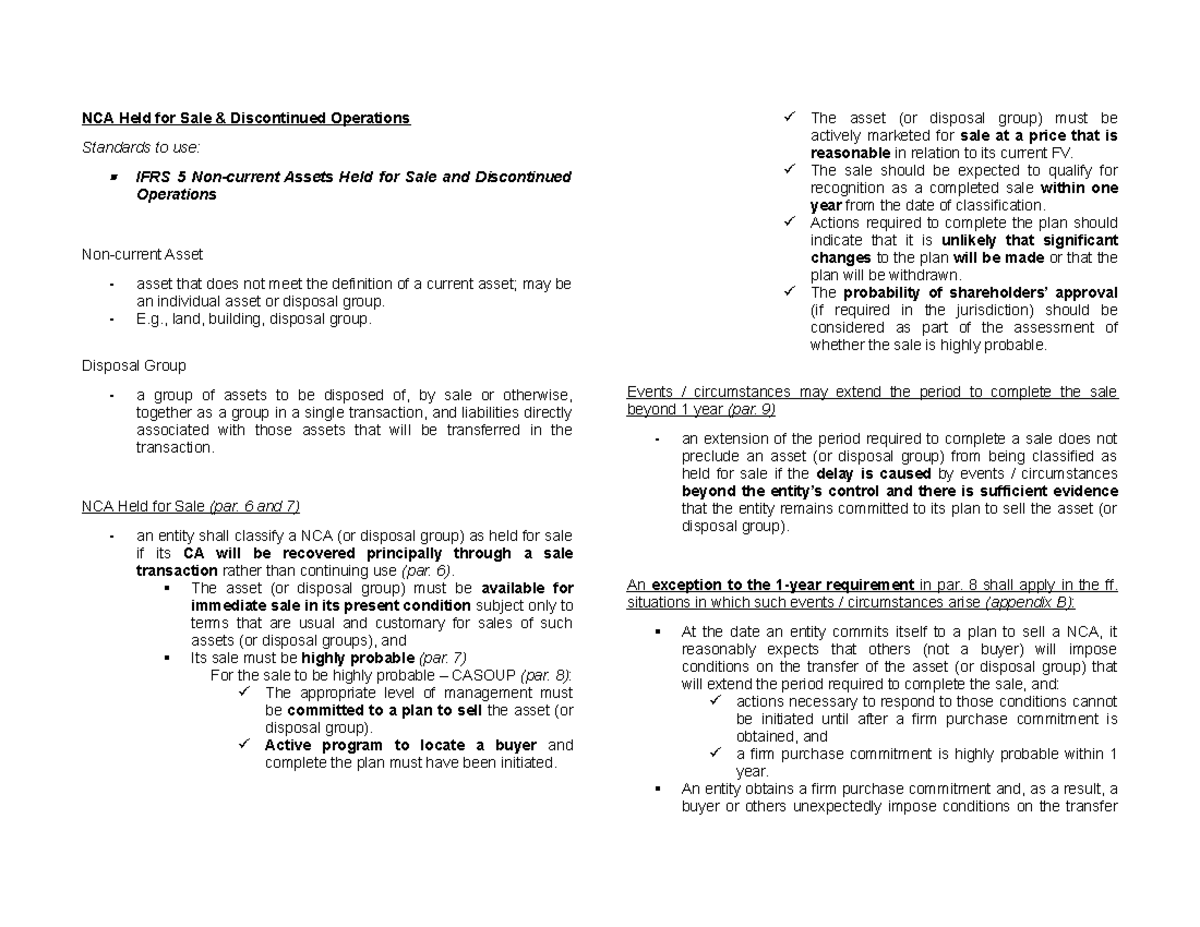 NCA Held for Sale Notes & Discontinued Operations - NCA Held for Sale ...