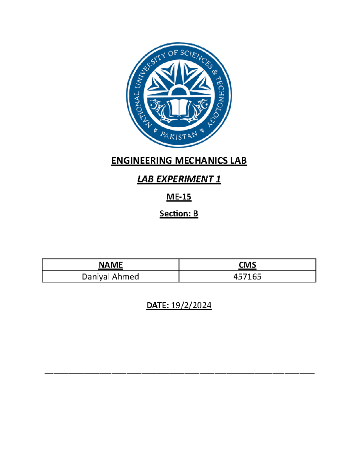 Mechanics Lab report 1 - ENGINEERING MECHANICS LAB LAB EXPERIMENT 1 ME ...