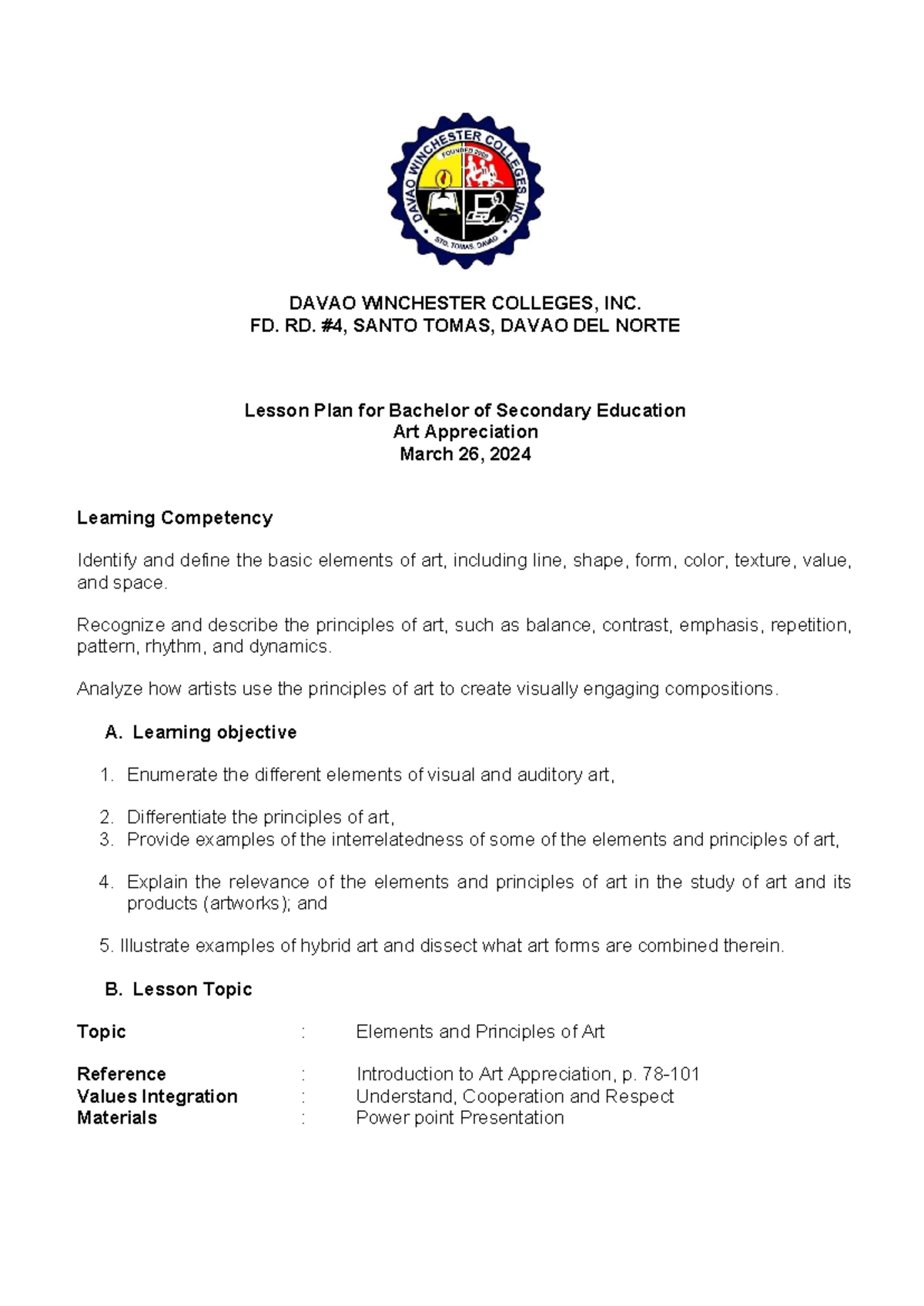 ART Appreciation Lesson PLAN - DAVAO WINCHESTER COLLEGES, INC. FD. RD ...