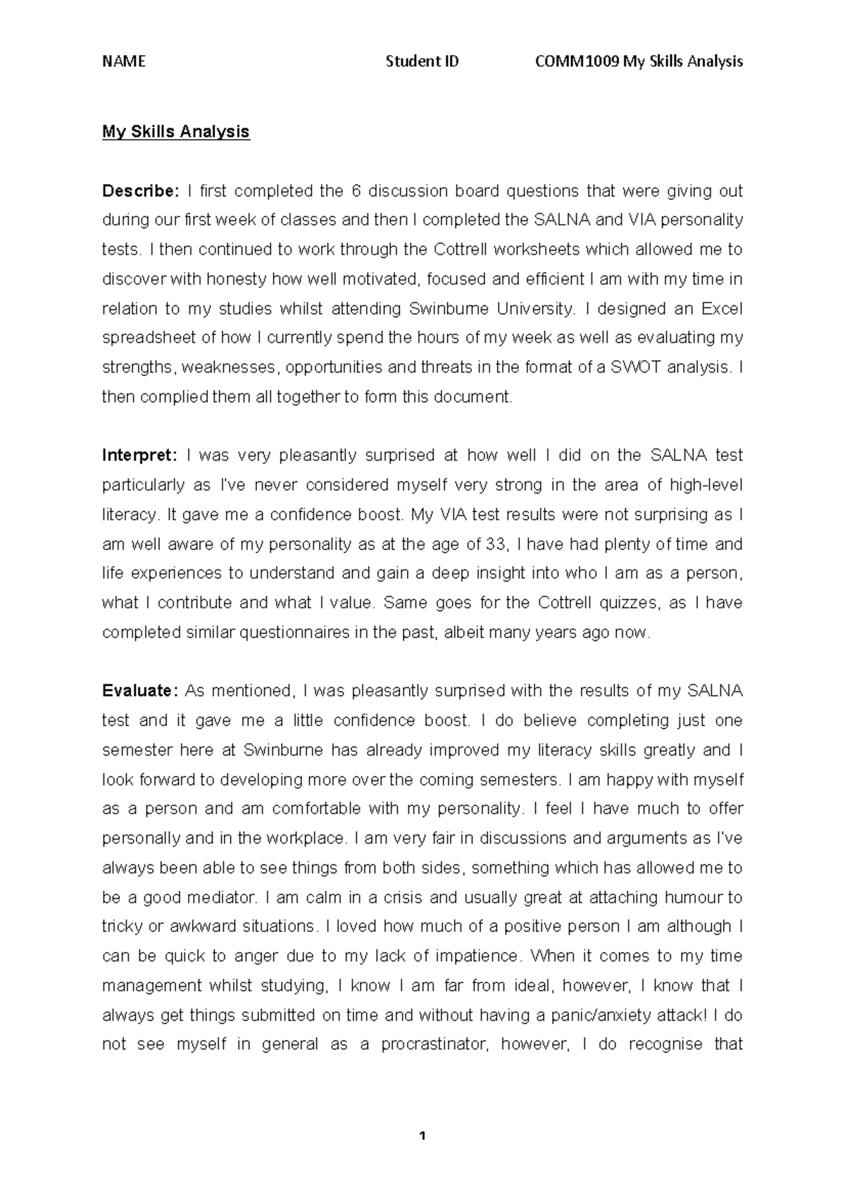 Sample My Skills Analysis - My Skills Analysis Describe: I first ...