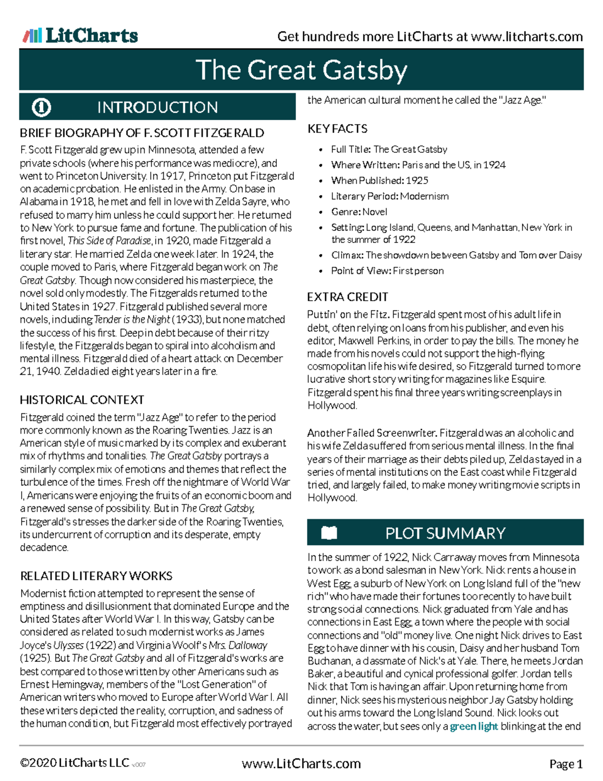 The Great Gatsby Lit Chart - The Great Gatsby BRIEF BIOGRAPHY OF F ...