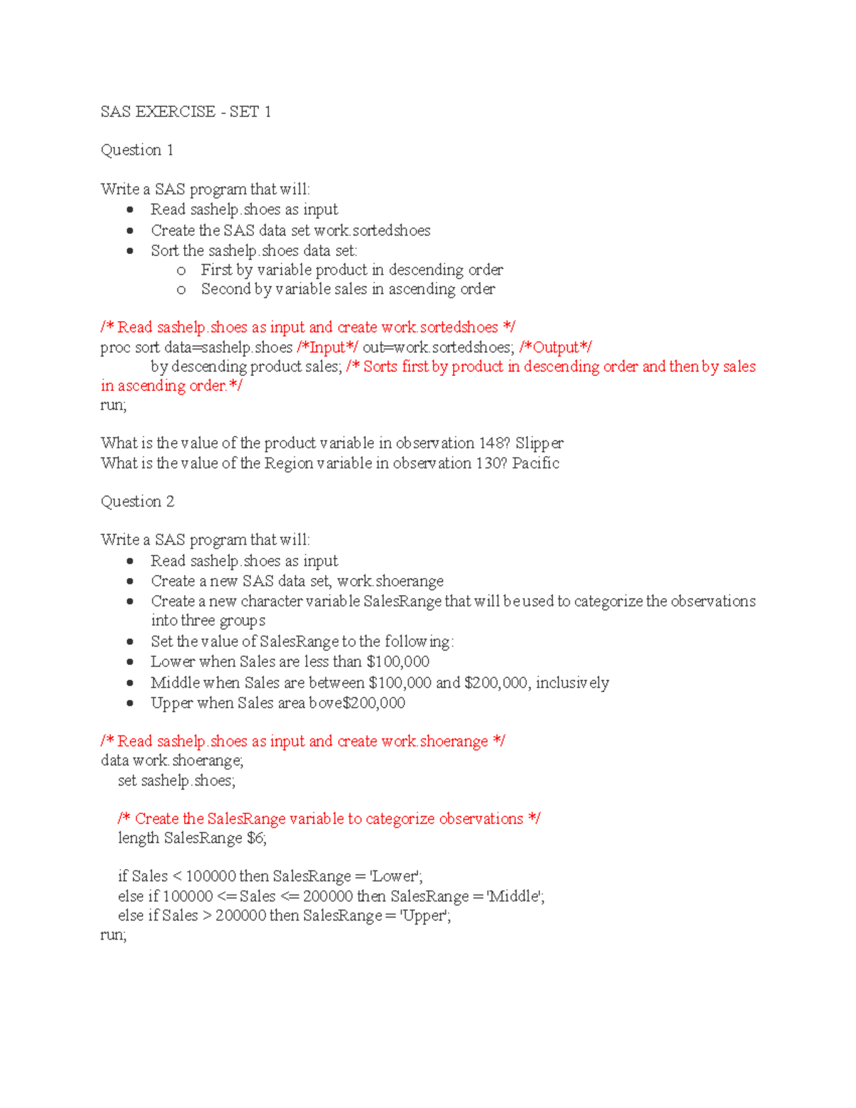 Sas Exercise Set 1 Sas Exercise Set 1 Question 1 Write A Sas