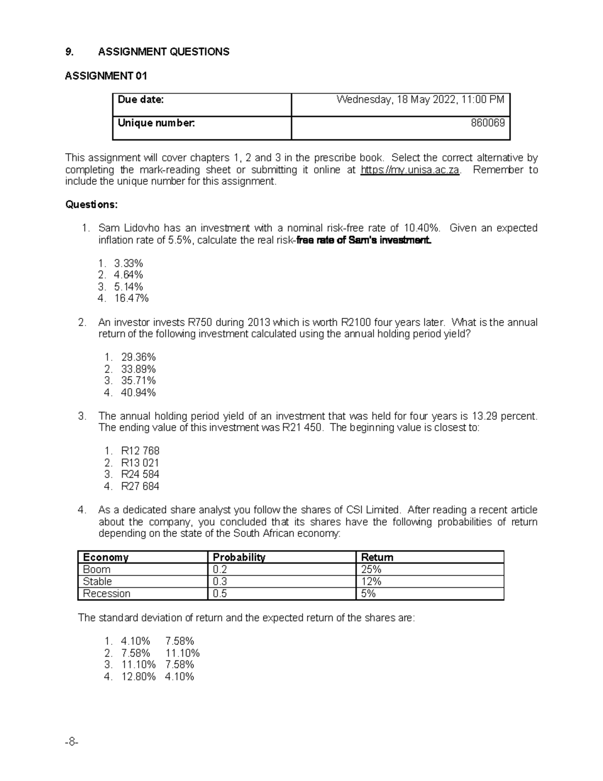 Assignment - 9. ASSIGNMENT QUESTIONS ASSIGNMENT 01 Due date: Wednesday ...