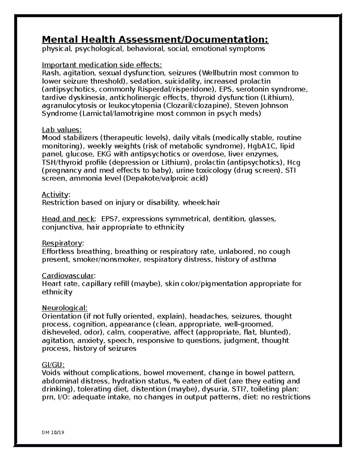 Nursing Student Reference Sheet - Mental Health Assessment ...
