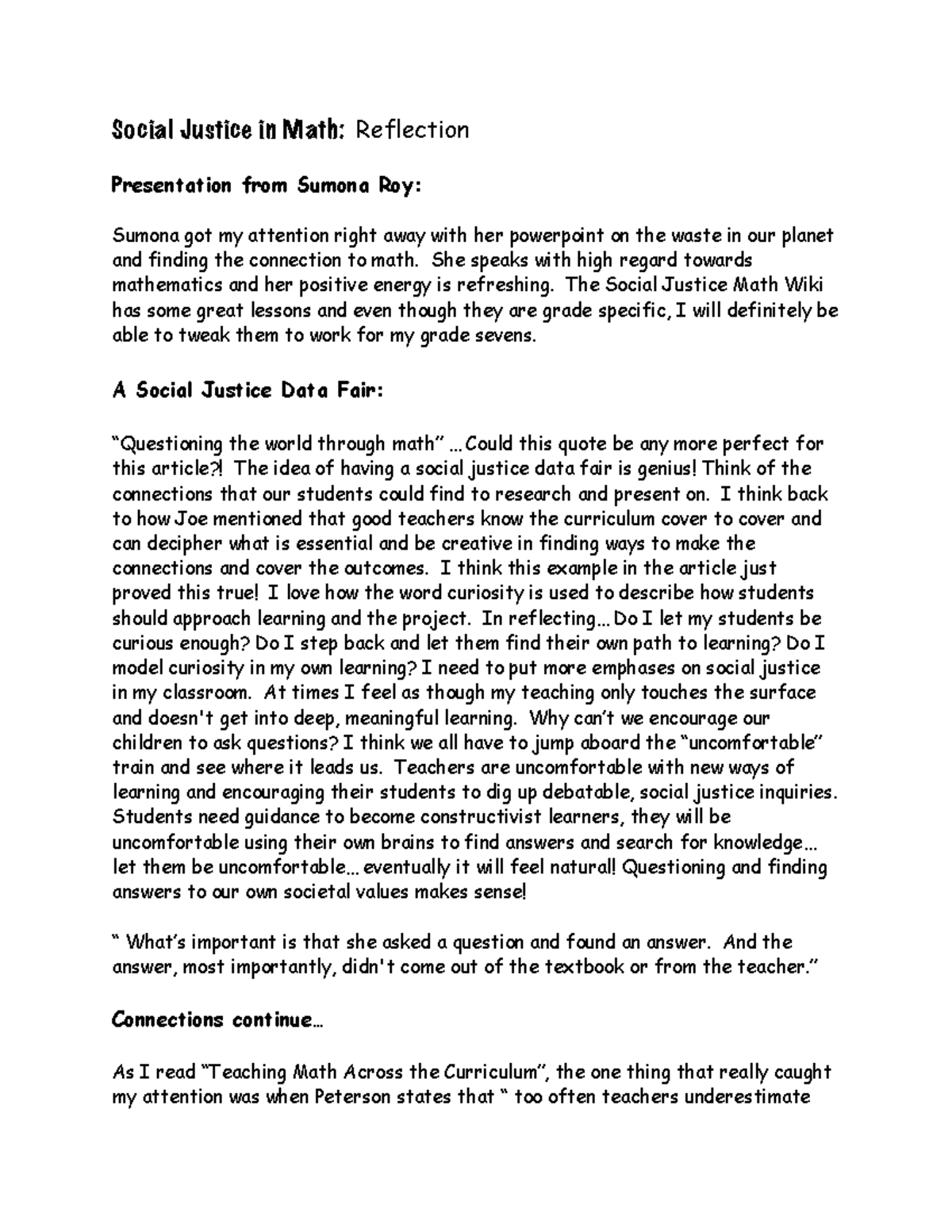 247801411 Social Justice Math Reflection - Social Justice in Math ...