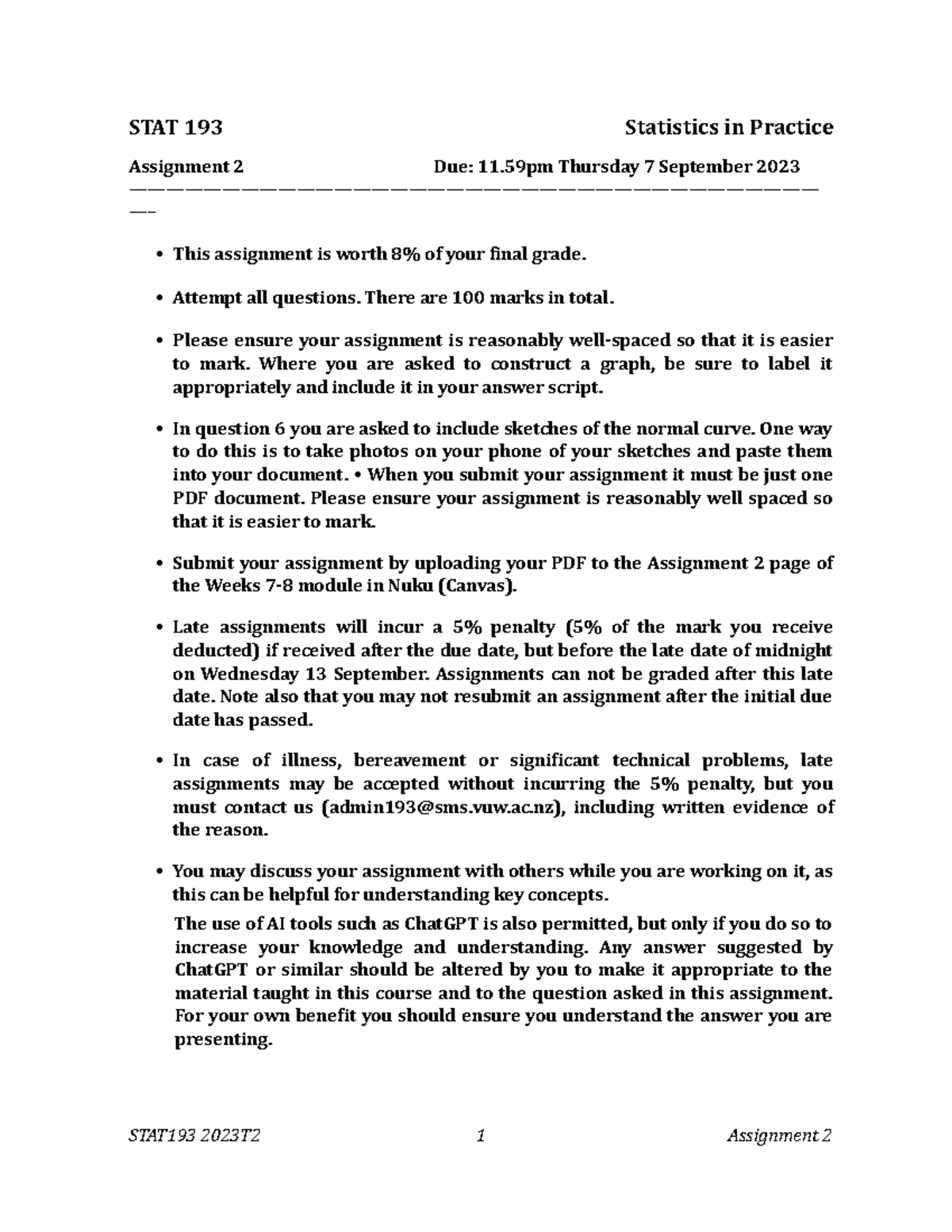 Stat 193 Assignment 2 2023T2 - STAT 193 Statistics in Practice ...