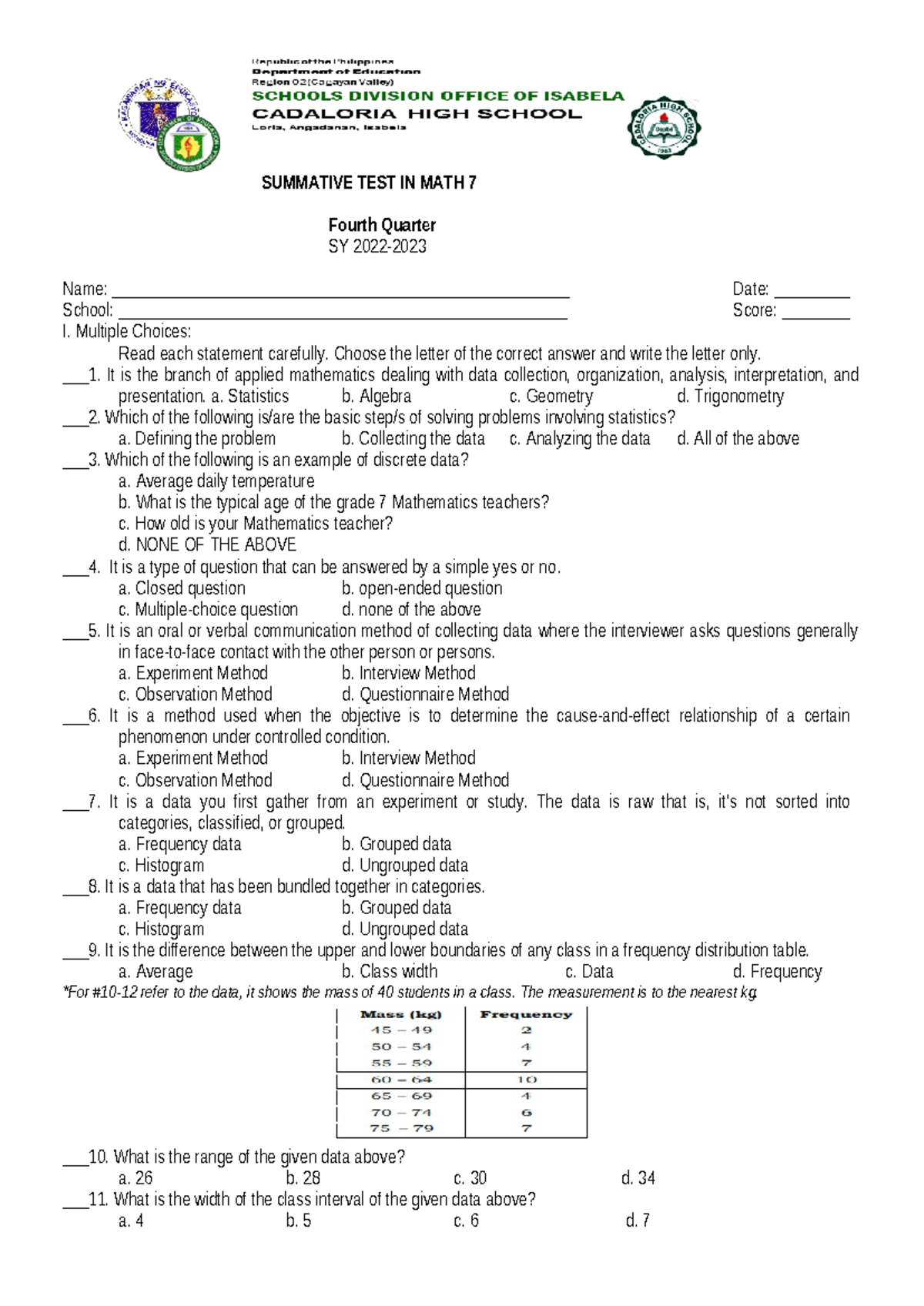 Q4 Periodic Test MAT H 7 - EXAMINATION - SUMMATIVE TEST IN MATH 7 ...