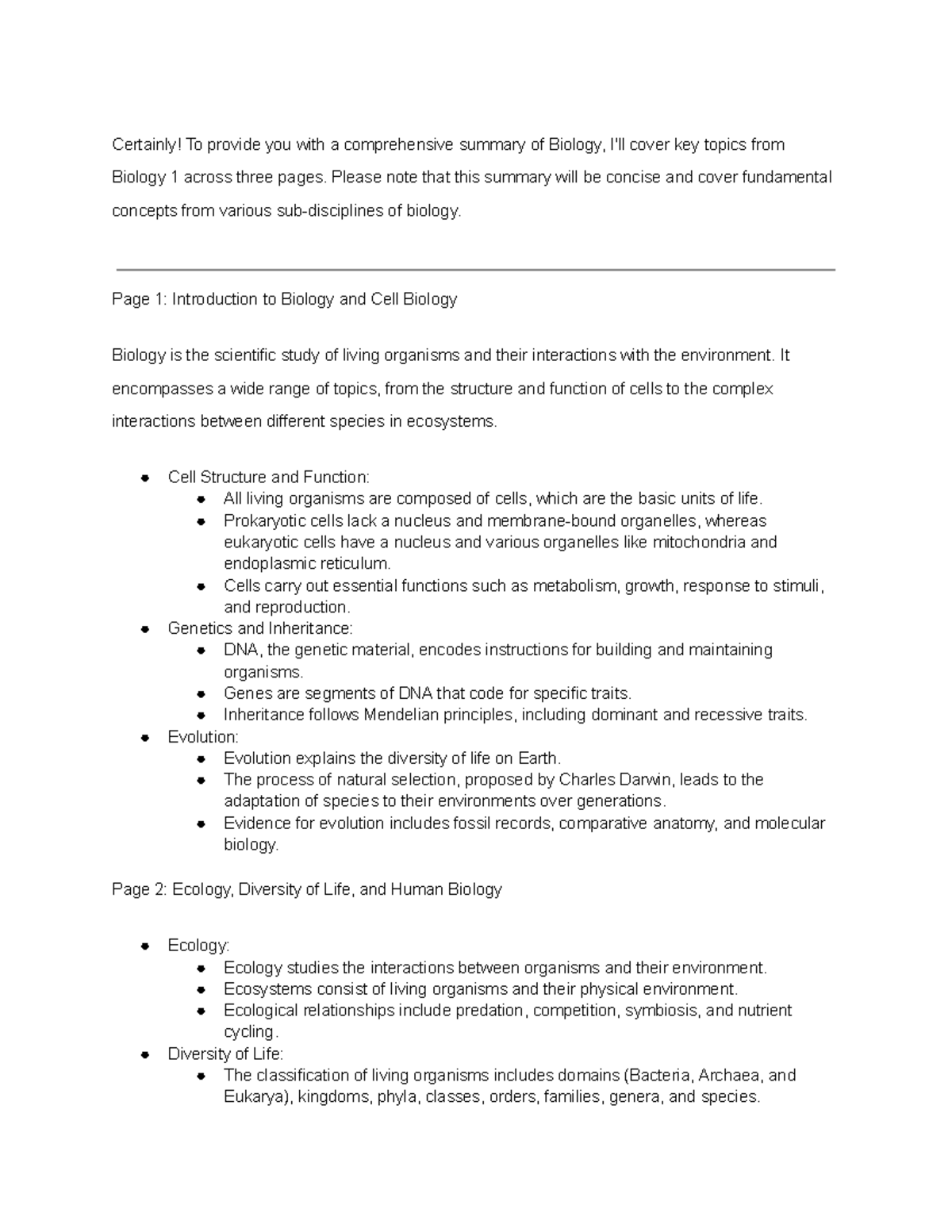 Biology 1 NOTES - Certainly! To provide you with a comprehensive ...