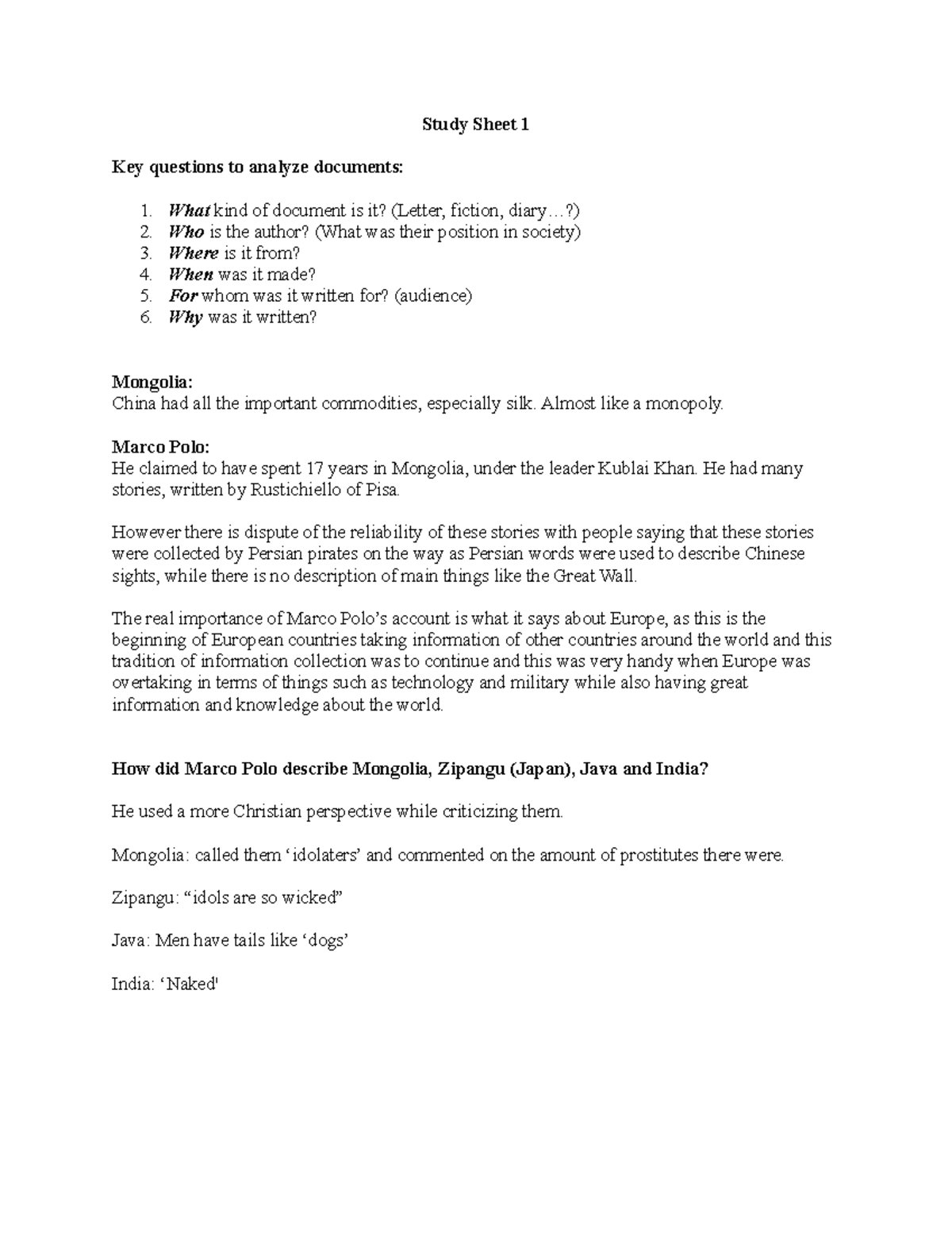 Study Sheet 1 - Lecture notes 1 - Study Sheet 1 Key questions to ...