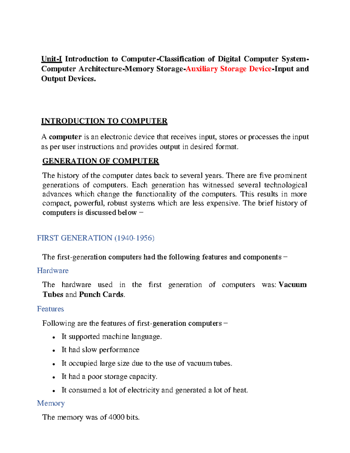 Complete unit - nil - Unit-I Introduction to Computer-Classification of Digital Computer System ...
