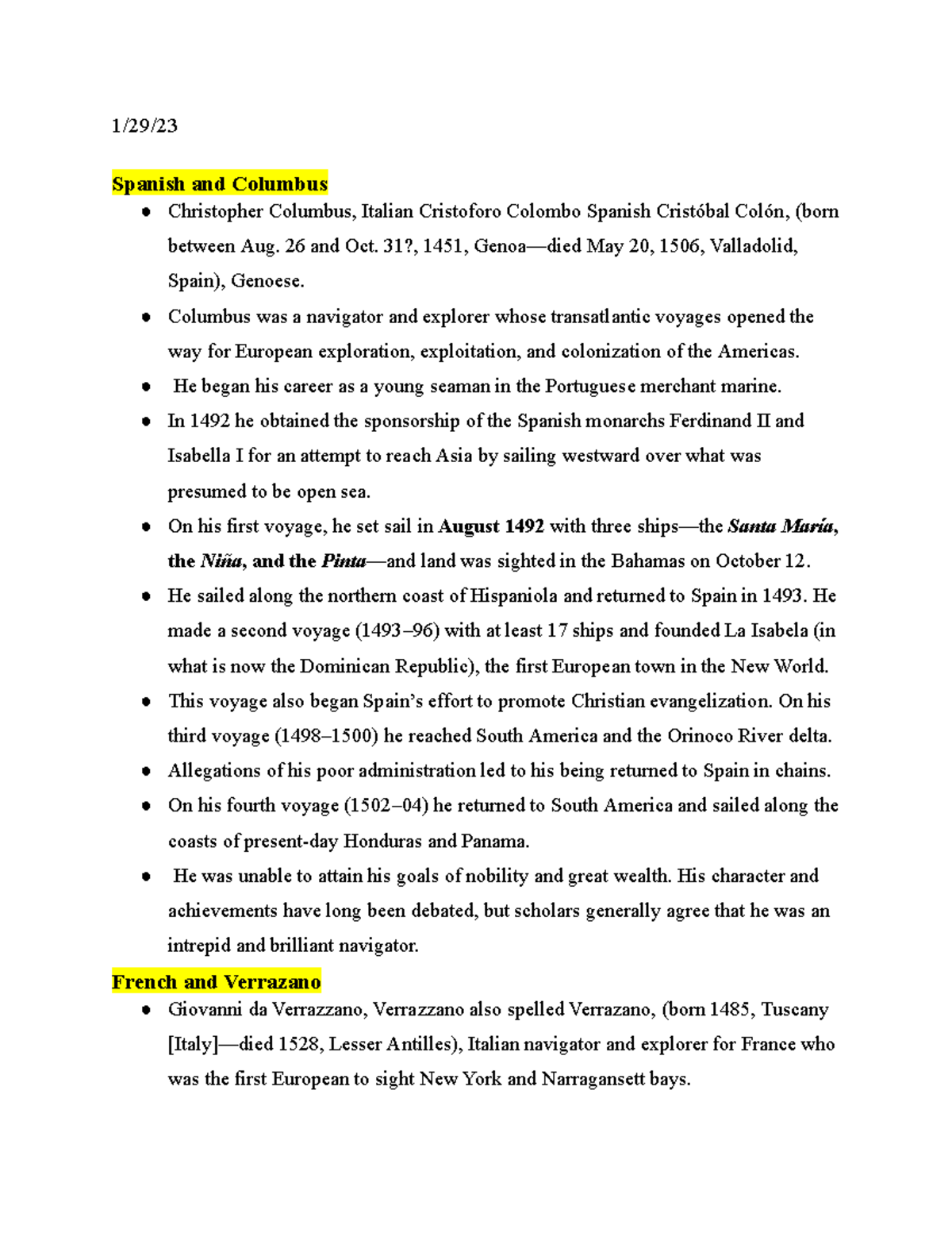 History 151 Lecture 1 Notes - 1/29/ Spanish and Columbus Christopher ...