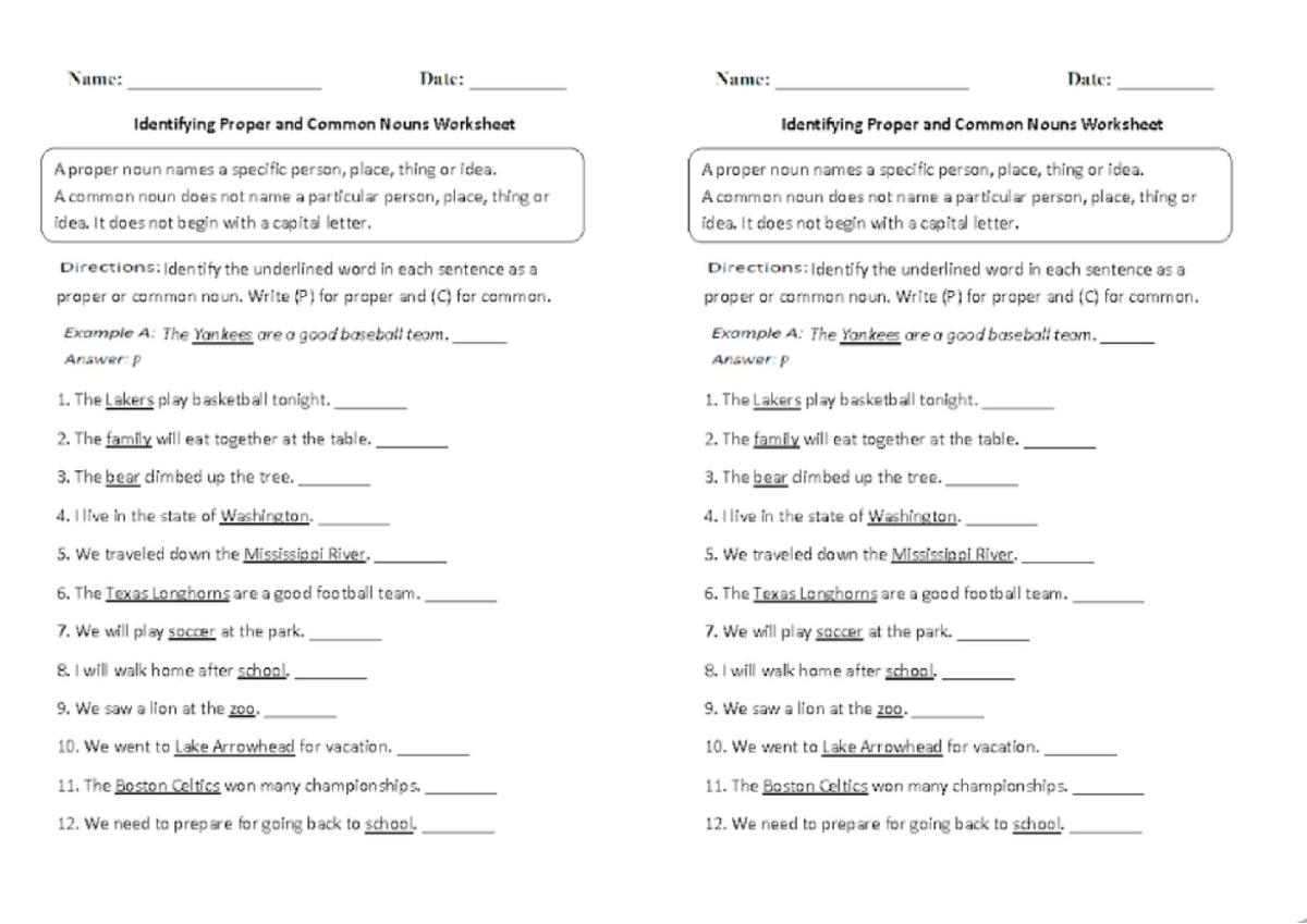 Q1- Proper AND Common NOUN Worksheet - Name: Date: Name: Date: Identifying Proper and Common ...