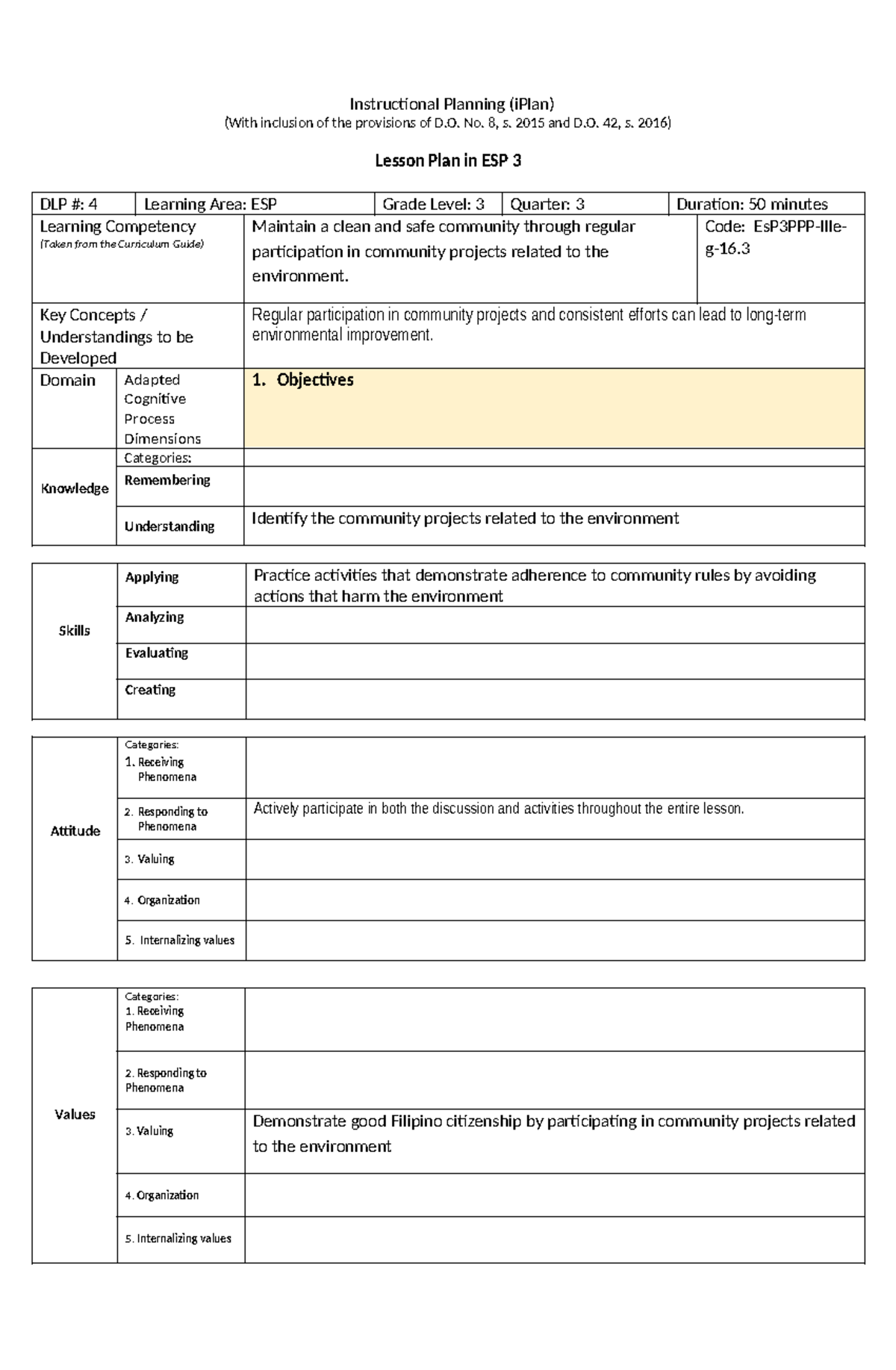 Semi-Detailed Lesson Plan in ESP 3 - Instructional Planning (iPlan ...