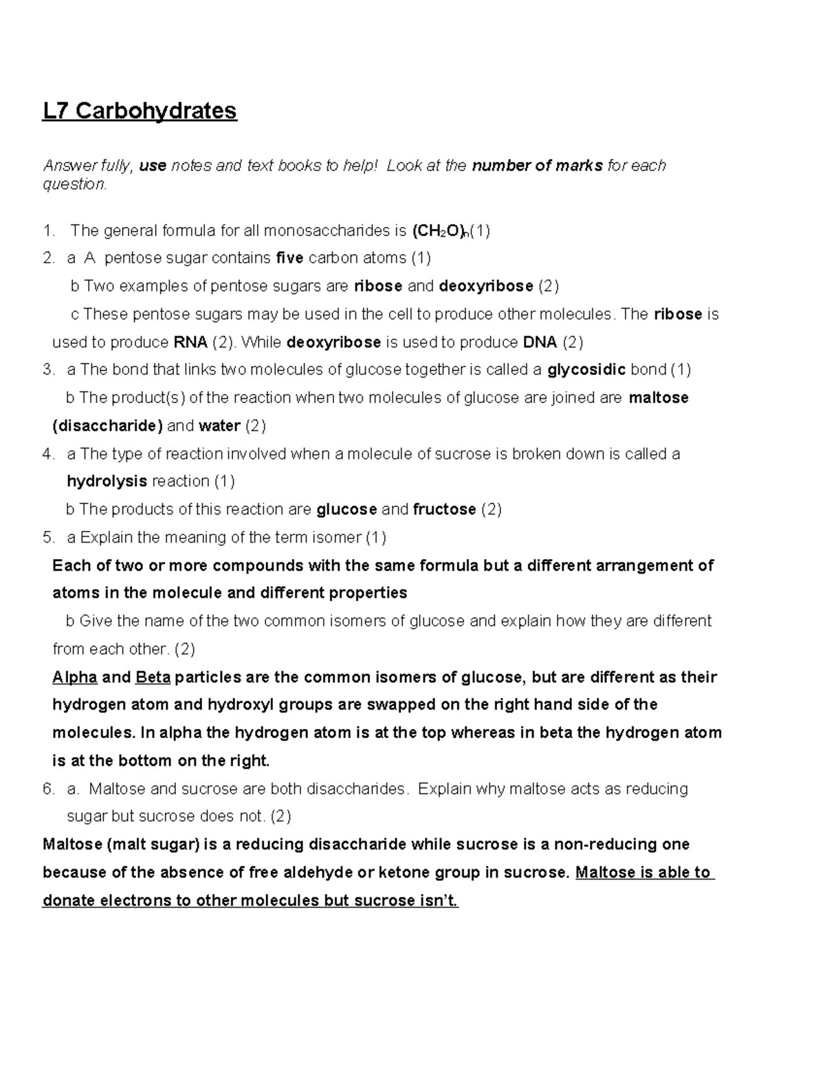 Carbohydrates gap fill - L7 Carbohydrates Answer fully, use notes and ...