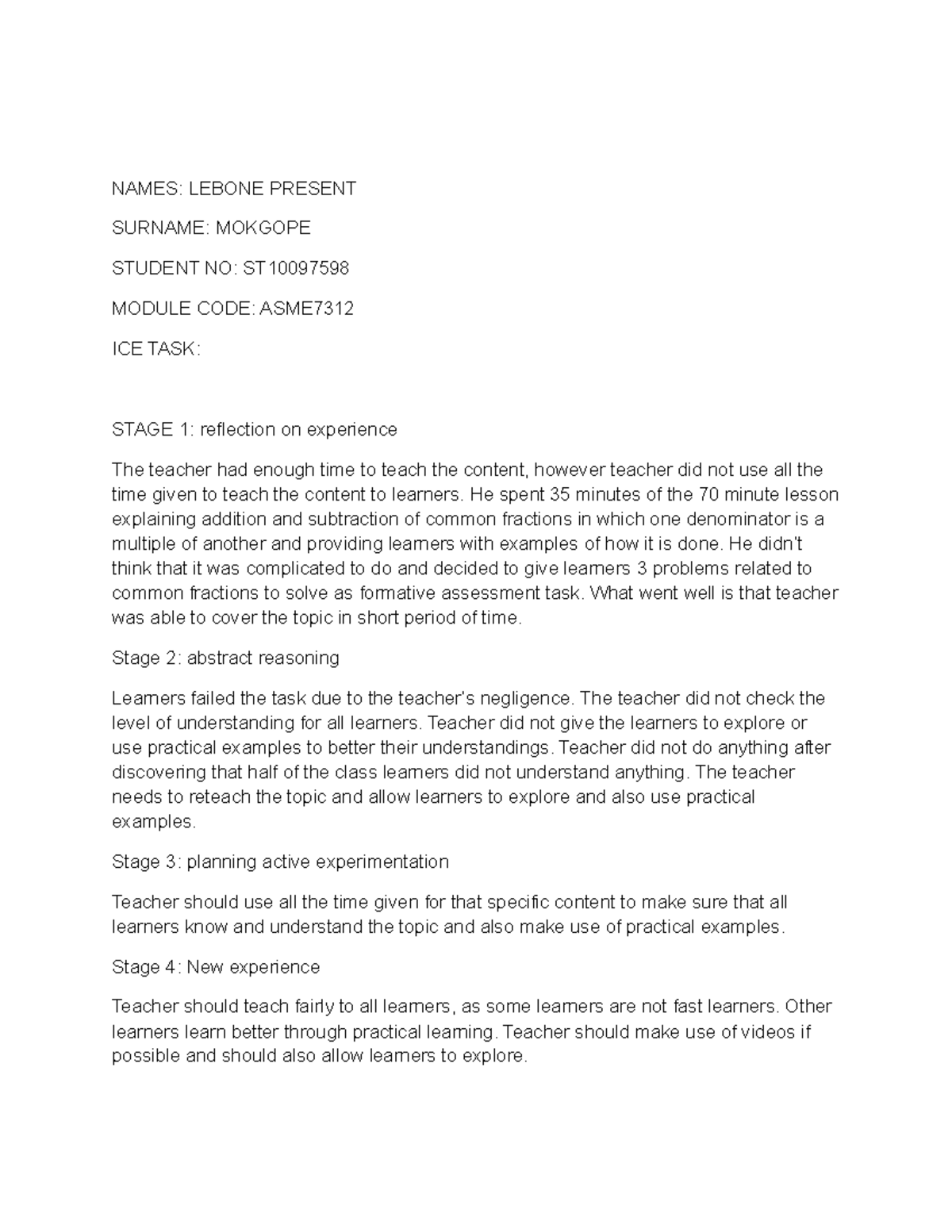 ASME7312 ICE TASK 3 - ice task 3 - NAMES: LEBONE PRESENT SURNAME ...