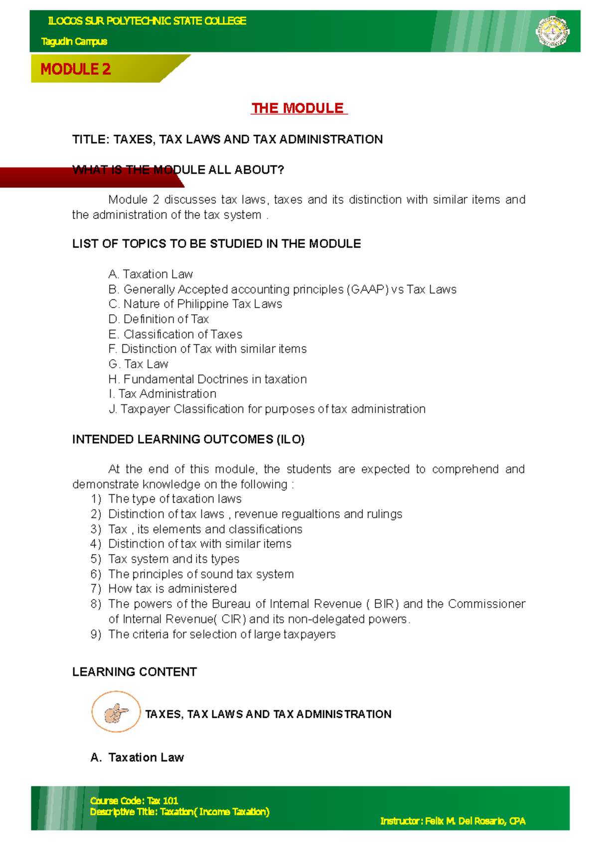 Final- Module-2- Taxation - THE MODULE TITLE: TAXES, TAX LAWS AND TAX ...