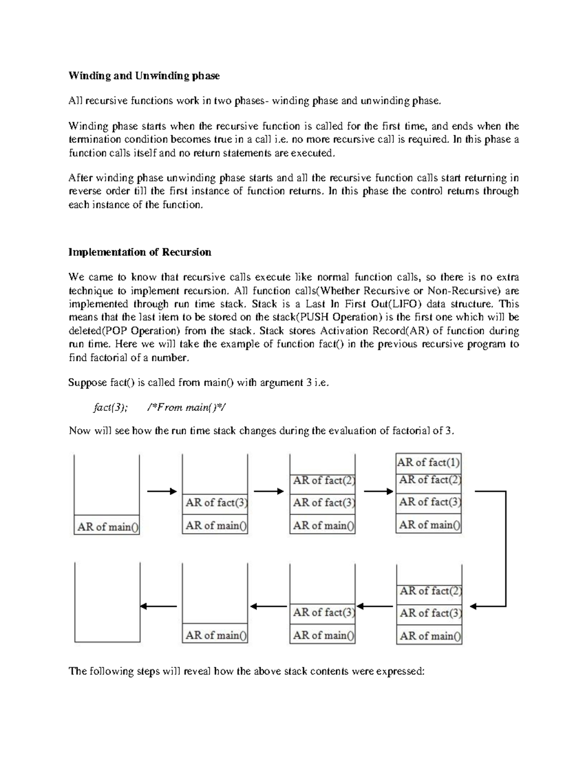 Data Structures and Algorithms 5 - Winding and Unwinding phase All recursive functions work in ...