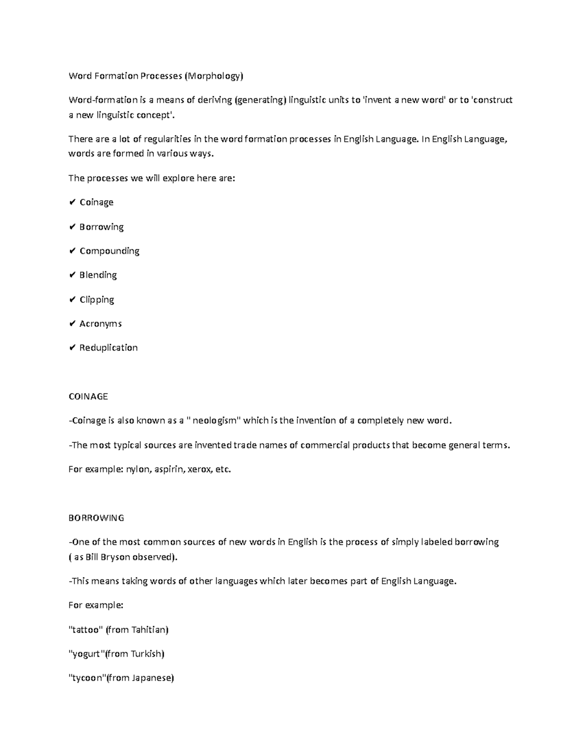 Word Formation - summary - Word Formation Processes (Morphology) Word ...