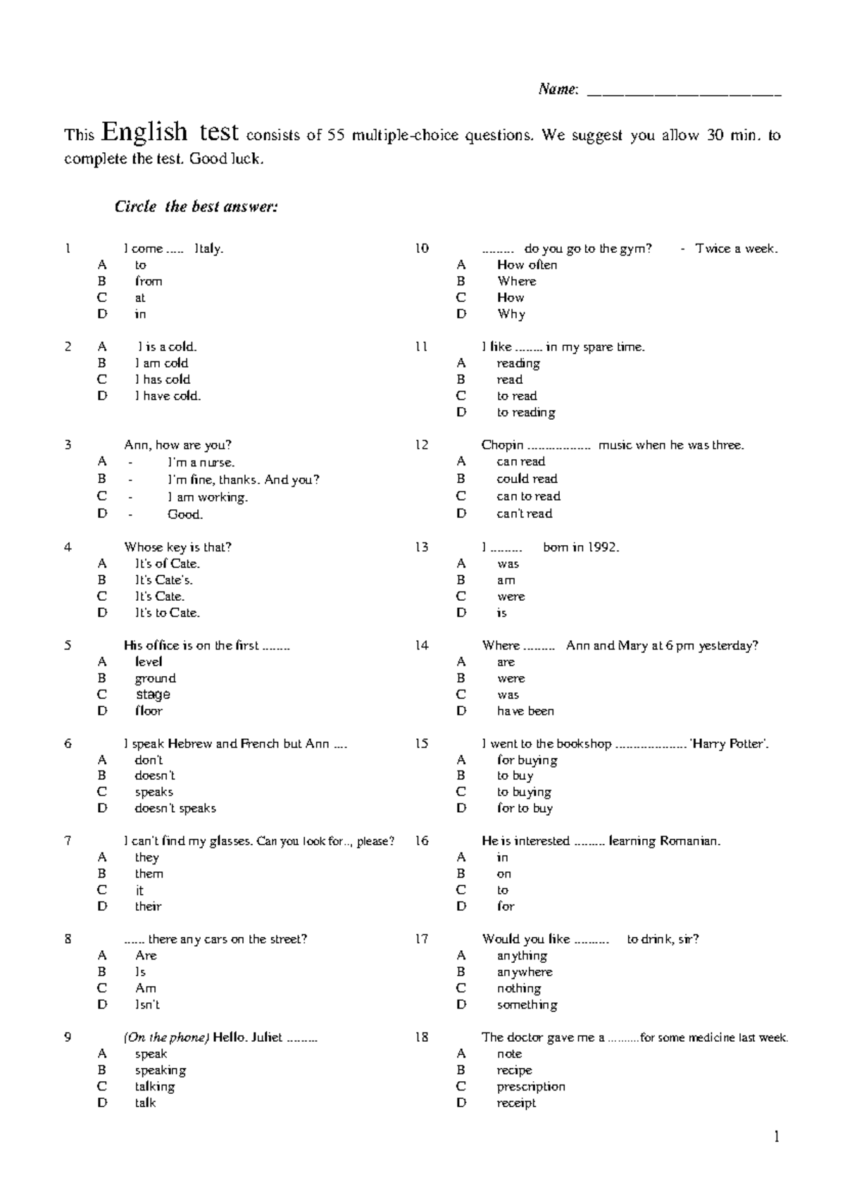 English TEST - Preparación de examen - 1 Name ...