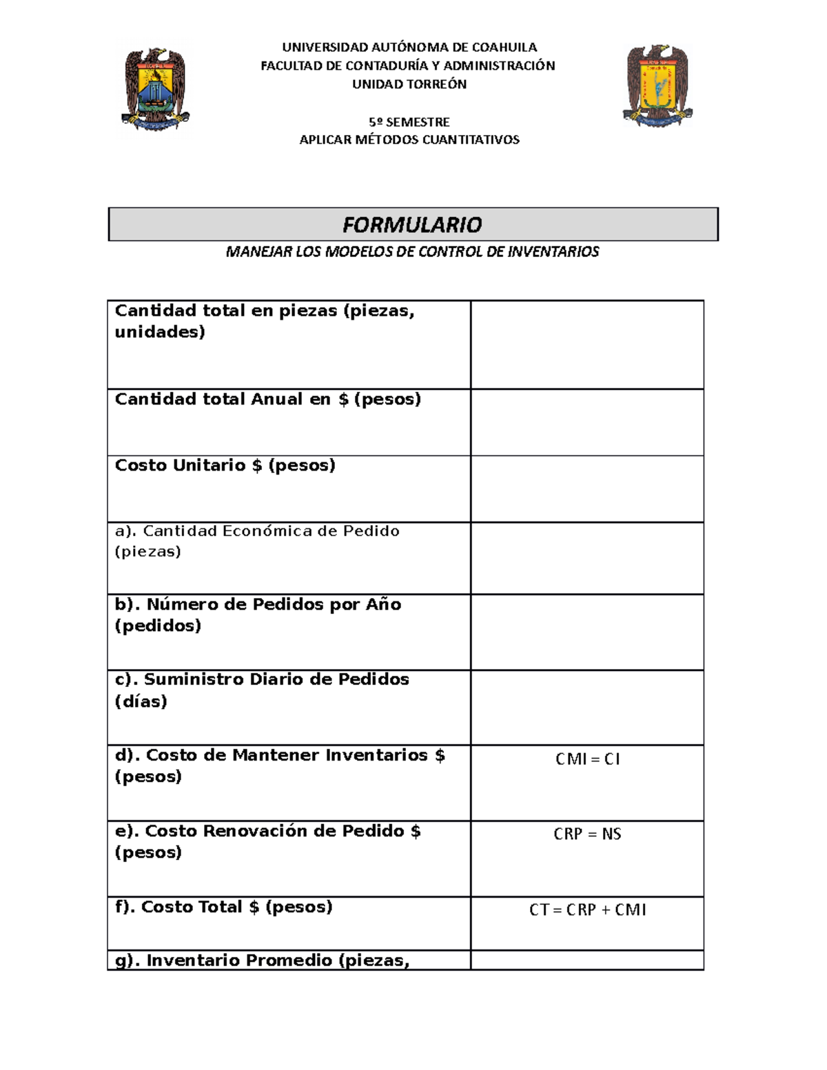 CHL3. formulario Control DE Invetarios - UNIVERSIDAD AUTÓNOMA DE ...