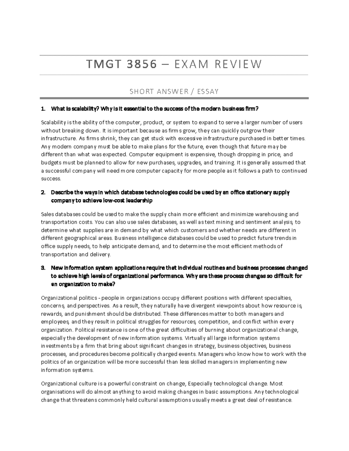 TMGT 3856 – Exam Review. - TMGT 3856 – EXAM REVIEW SHORT ANSWER / ESSAY ...