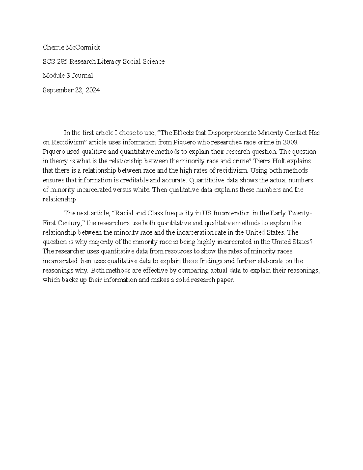 Scs 285 Module 3 Journal - Cherrie McCormick SCS 285 Research Literacy ...