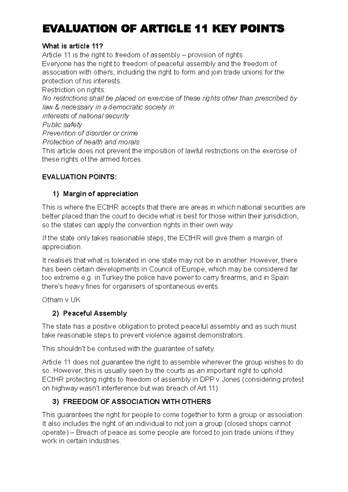 Article 11 eval points - EVALUATION OF ARTICLE 11 KEY POINTS What is ...