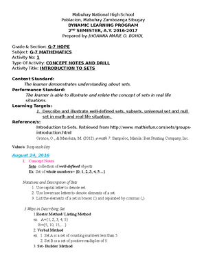 Daily Lesson LOG-real numbers - DAILY LESSON LOG Name : JHOANNA MARIE O ...