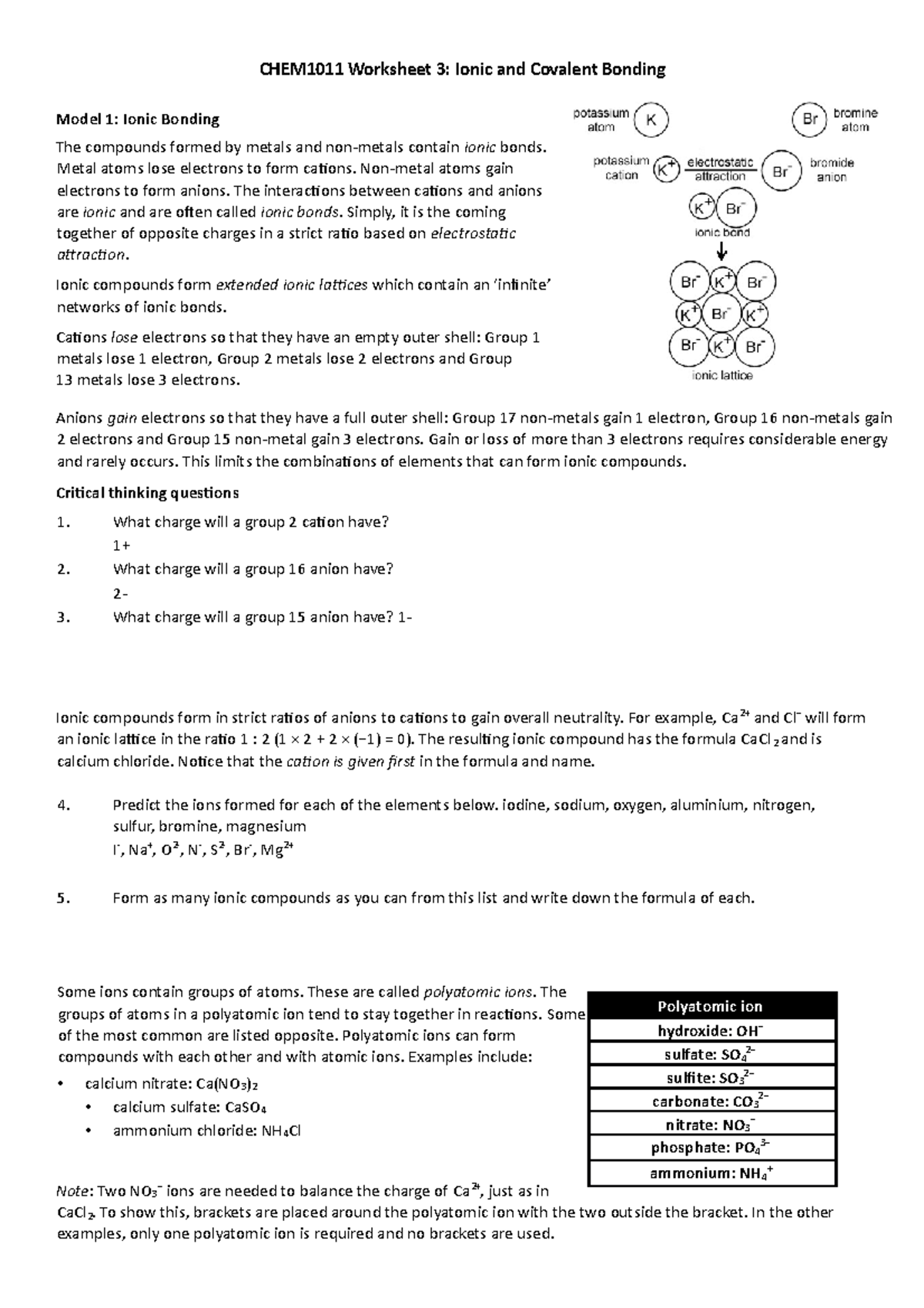 Tutorial 03 - CHEM1011 Worksheet 3: Ionic and Covalent Bonding Model 1 ...