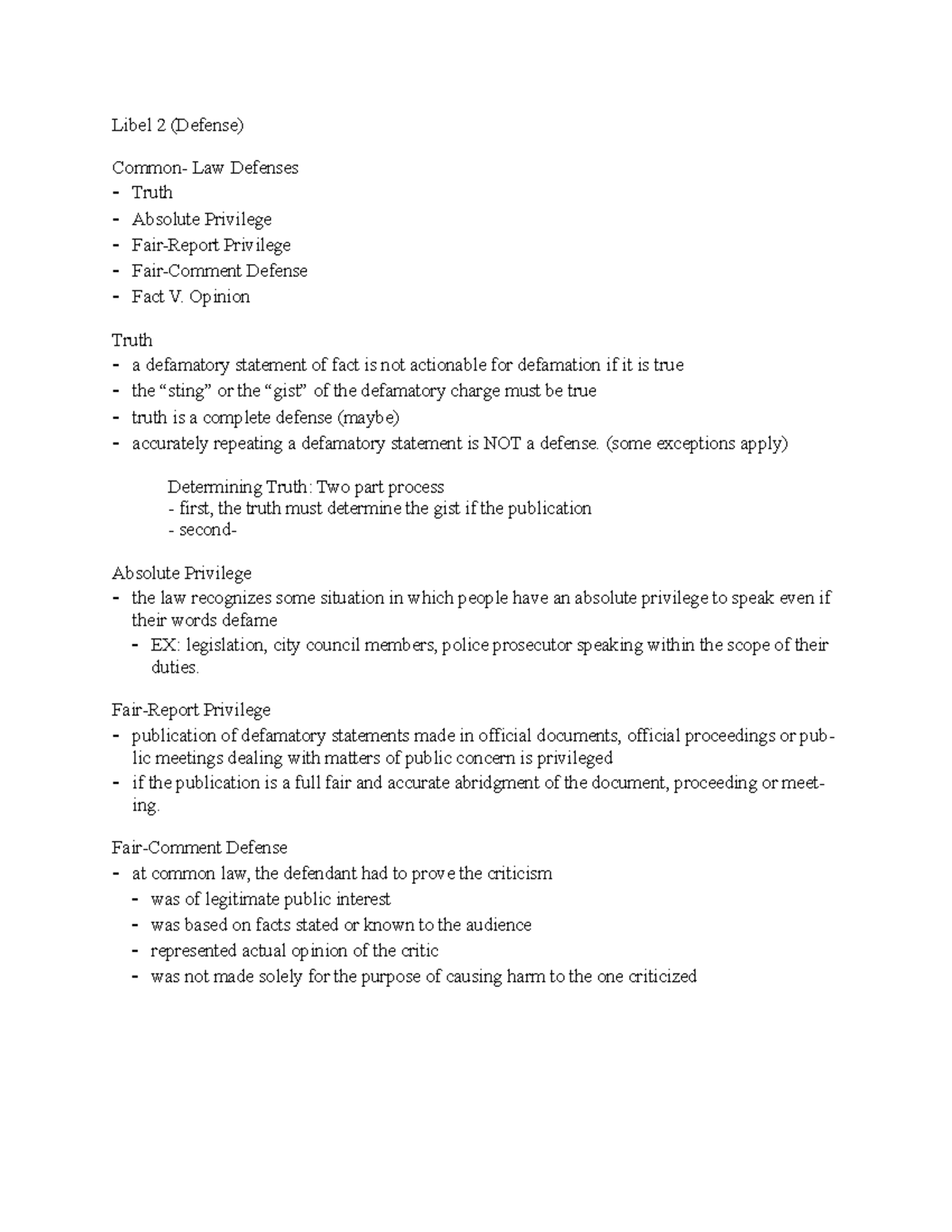 Libel Part 2 Lecture - Libel 2 (Defense) Common- Law Defenses - Truth ...