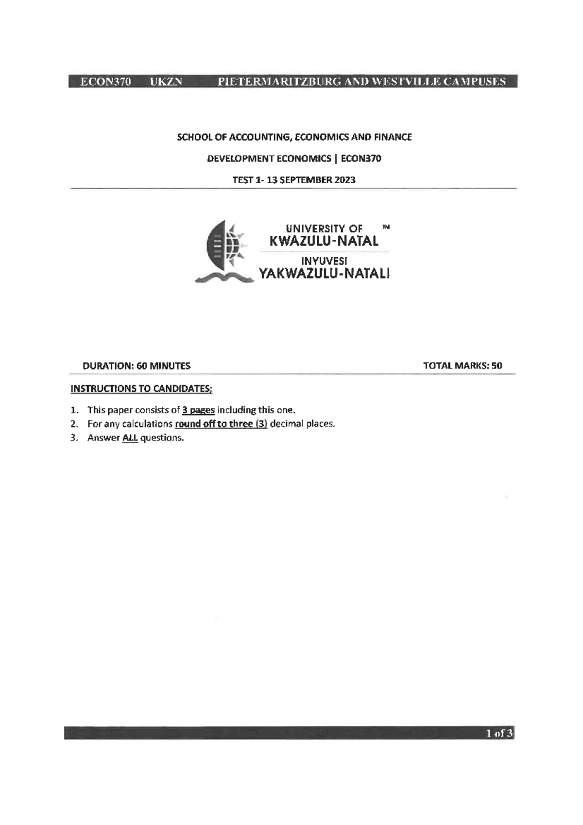 ECON370 Test 1 2023 - TEST2023 - ECON370 UKZN PIETERMARITZBURG AND ...